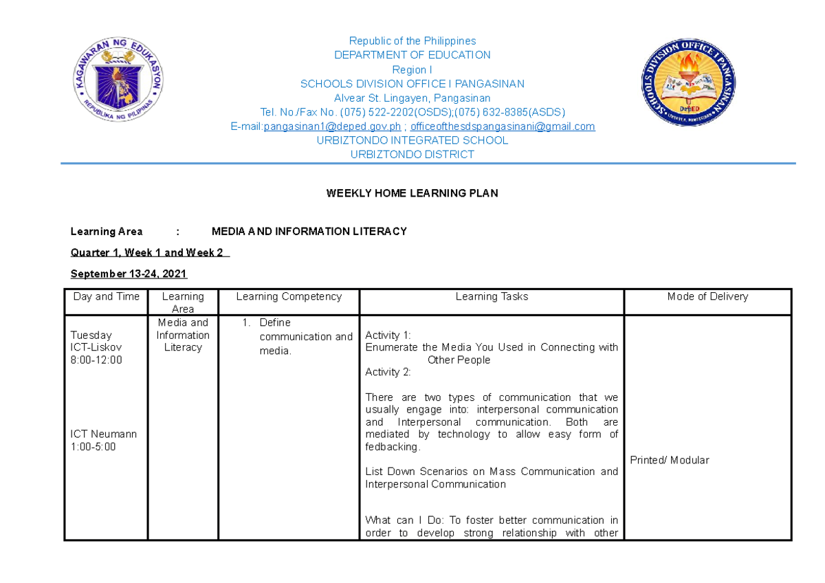 Weekly home learning plan - Republic of the Philippines DEPARTMENT OF ...