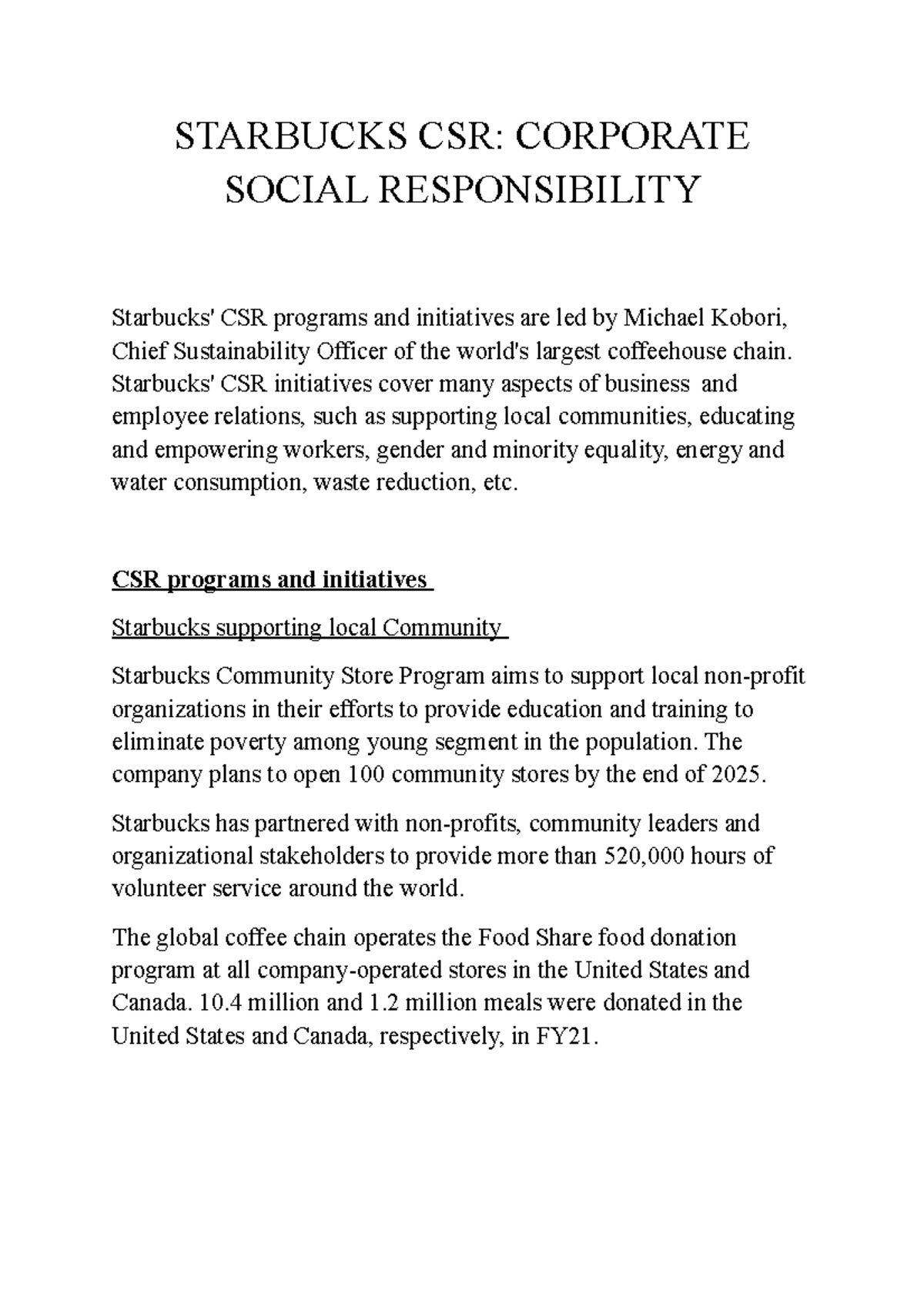 Starbucks CSR - Assignment on car activity - STARBUCKS CSR: CORPORATE ...