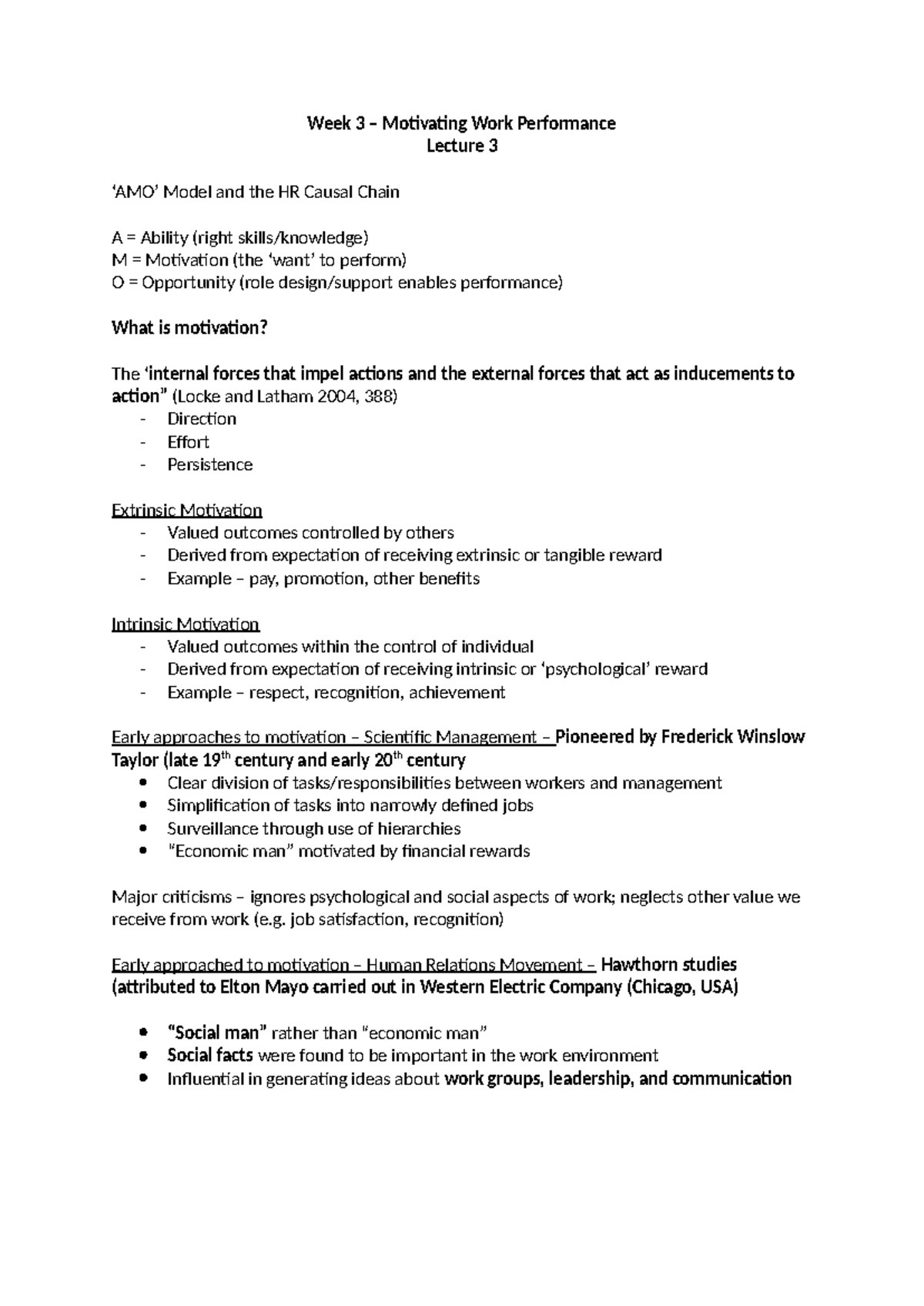 Lecture 3 - Motivating Work Performance - Week 3 – Motivating Work ...