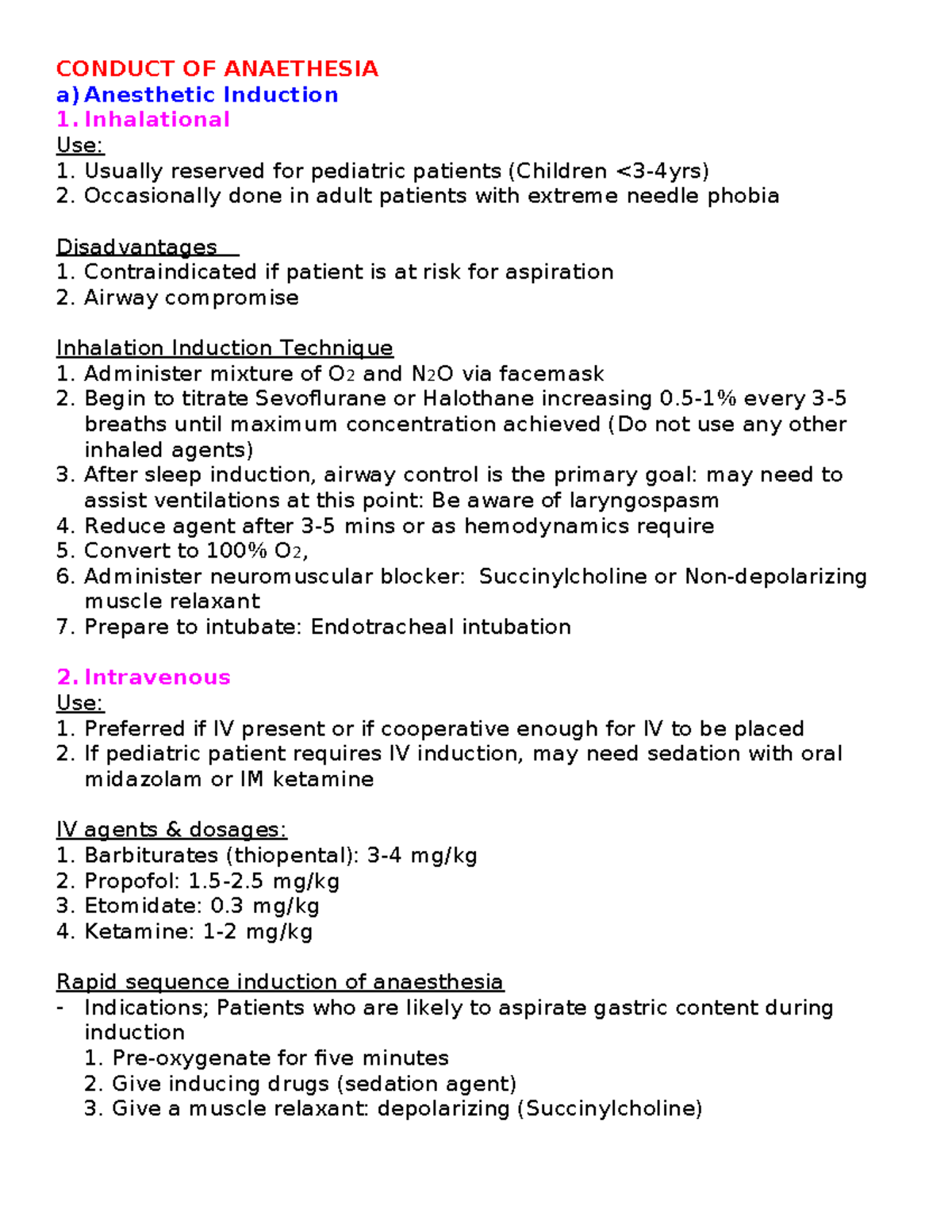 Conduct OF Anaesthesia - CONDUCT OF ANAETHESIA a) Anesthetic Induction ...
