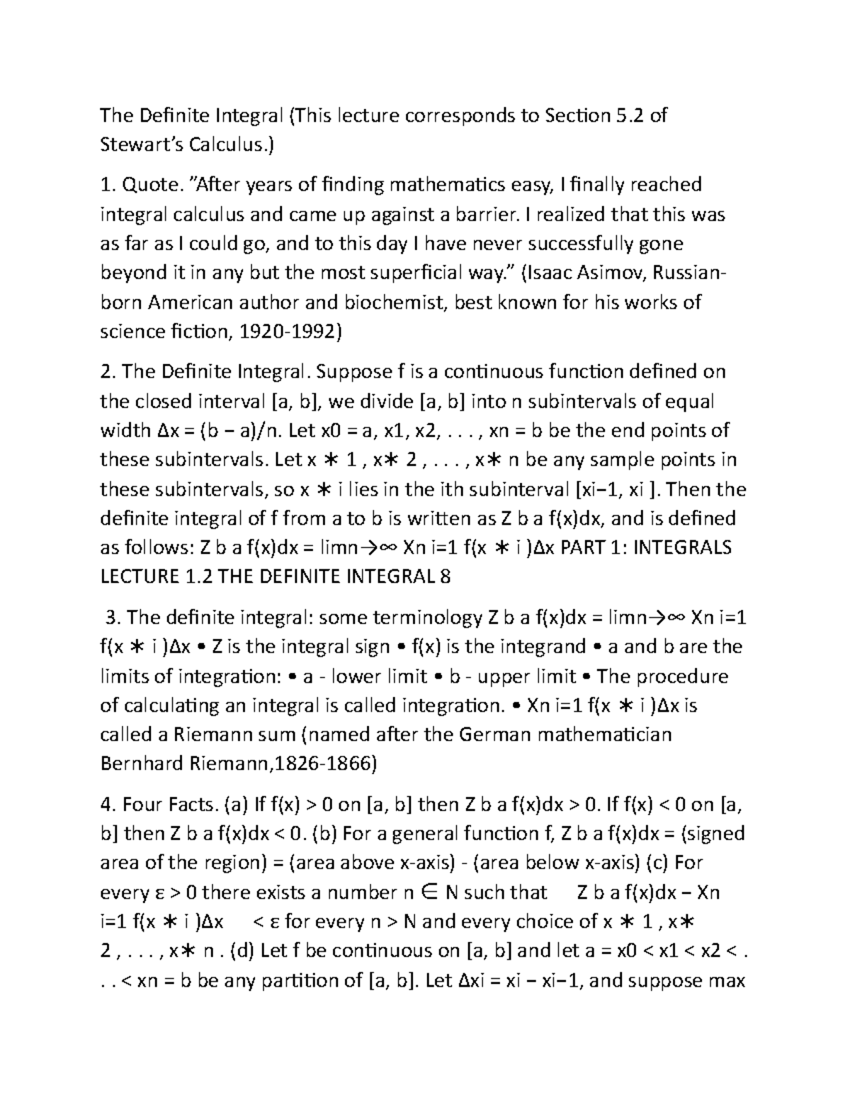 Calculus 2 - Lecture notes 3-7 - The Definite Integral (This lecture ...