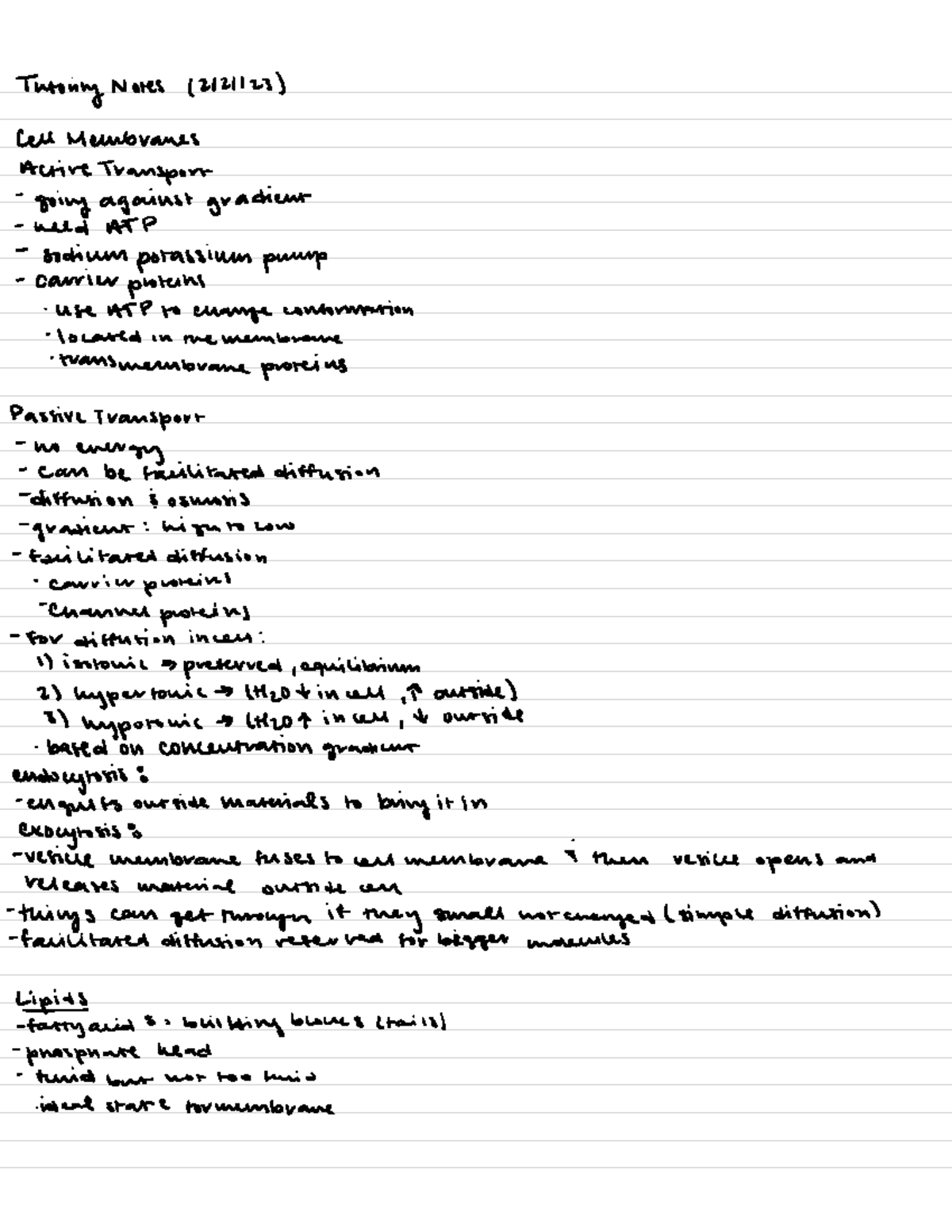 Tutoring Notes (2:21:23) - Turonry Notes (2/21123) Cell Membranes ...