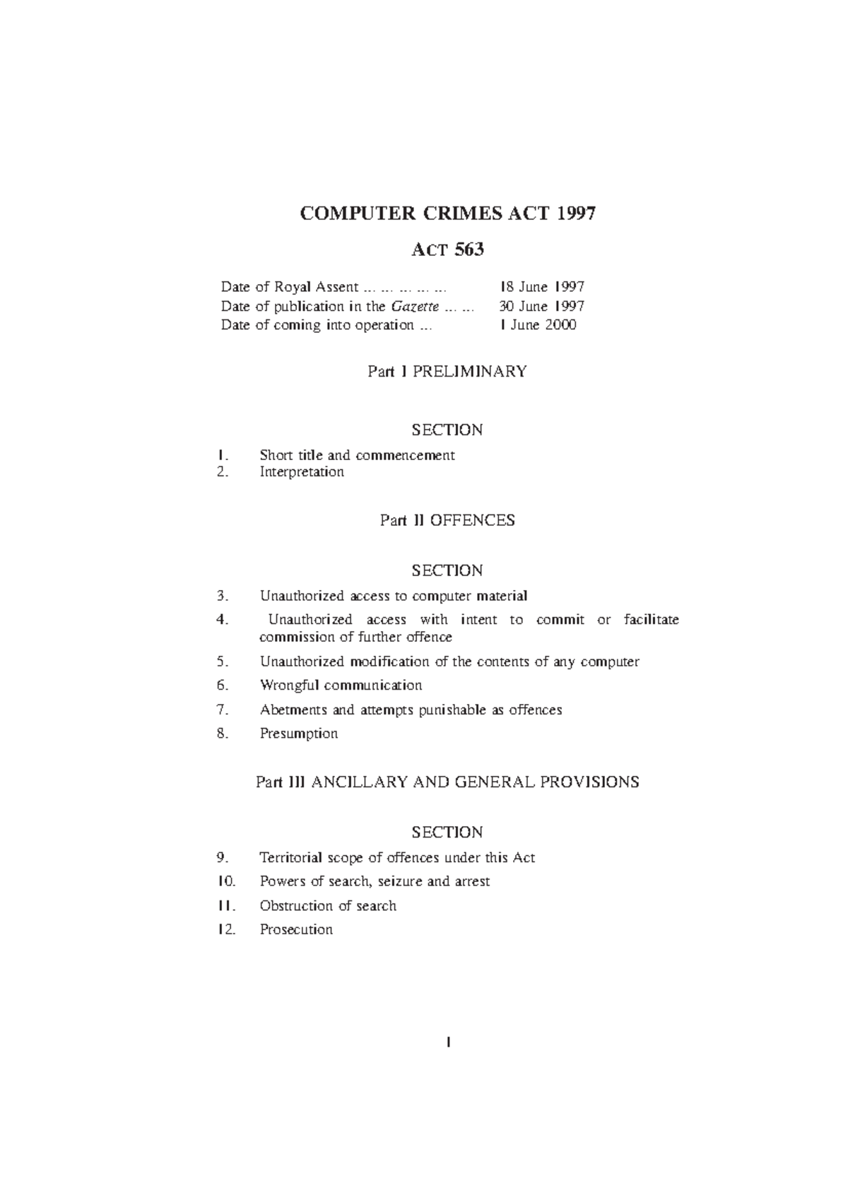 (MY) Computer Crimes ACT 1997 ACT 563 - COMPUTER CRIMES ACT 1997 ACT ...