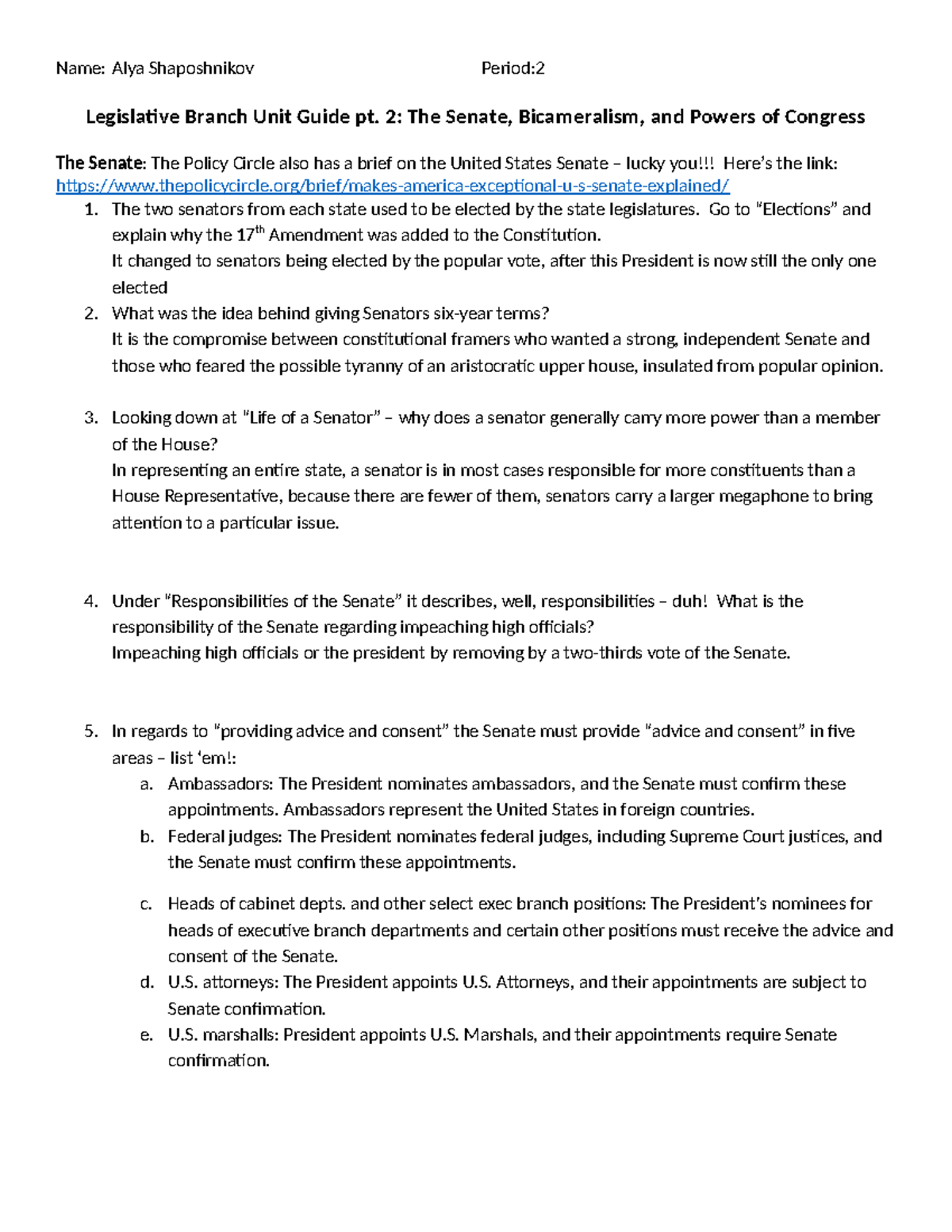 Legislative Branch Unit Guide pt. 2 - Name: Alya Shaposhnikov Period ...