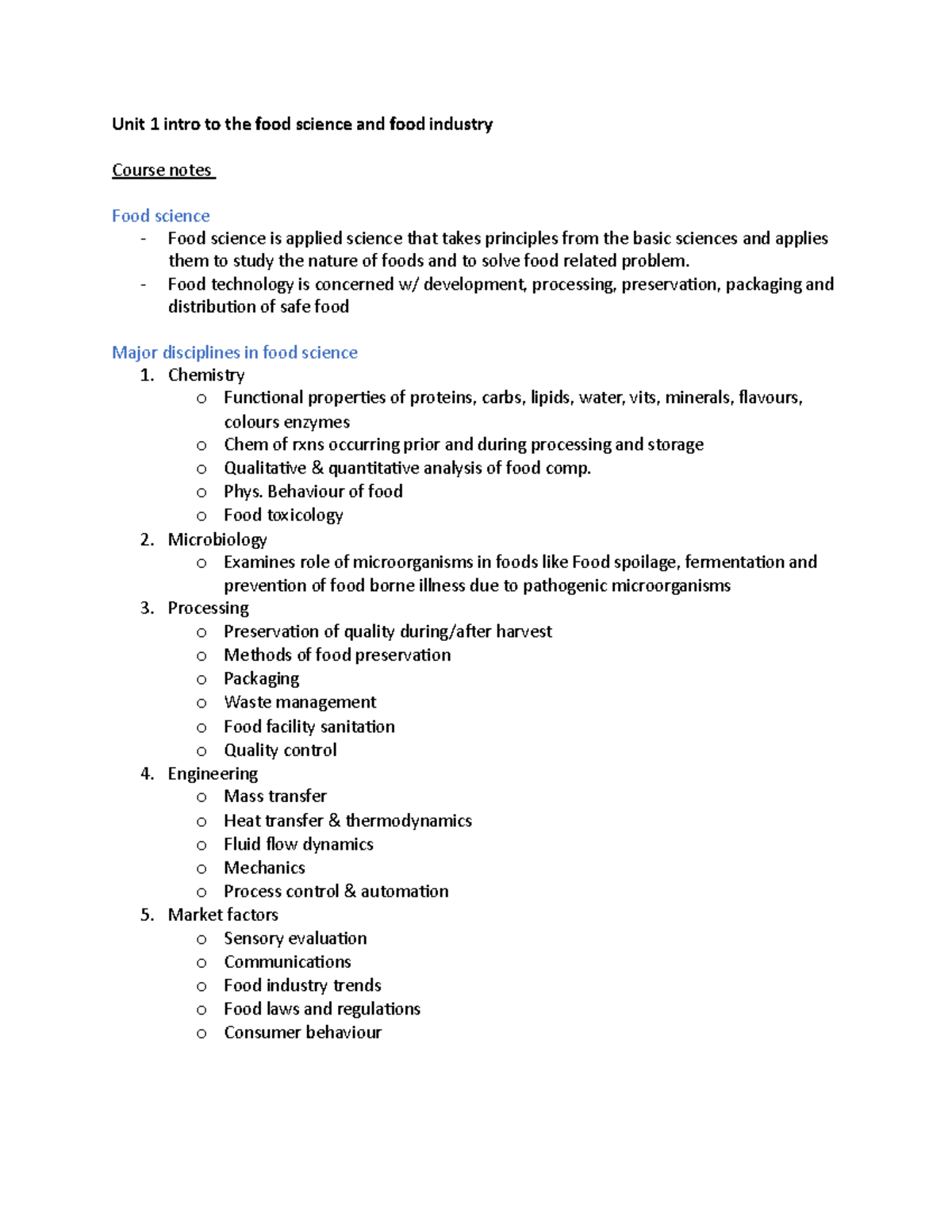 Unit 1 notes - Unit 1 intro to the food science and food industry ...