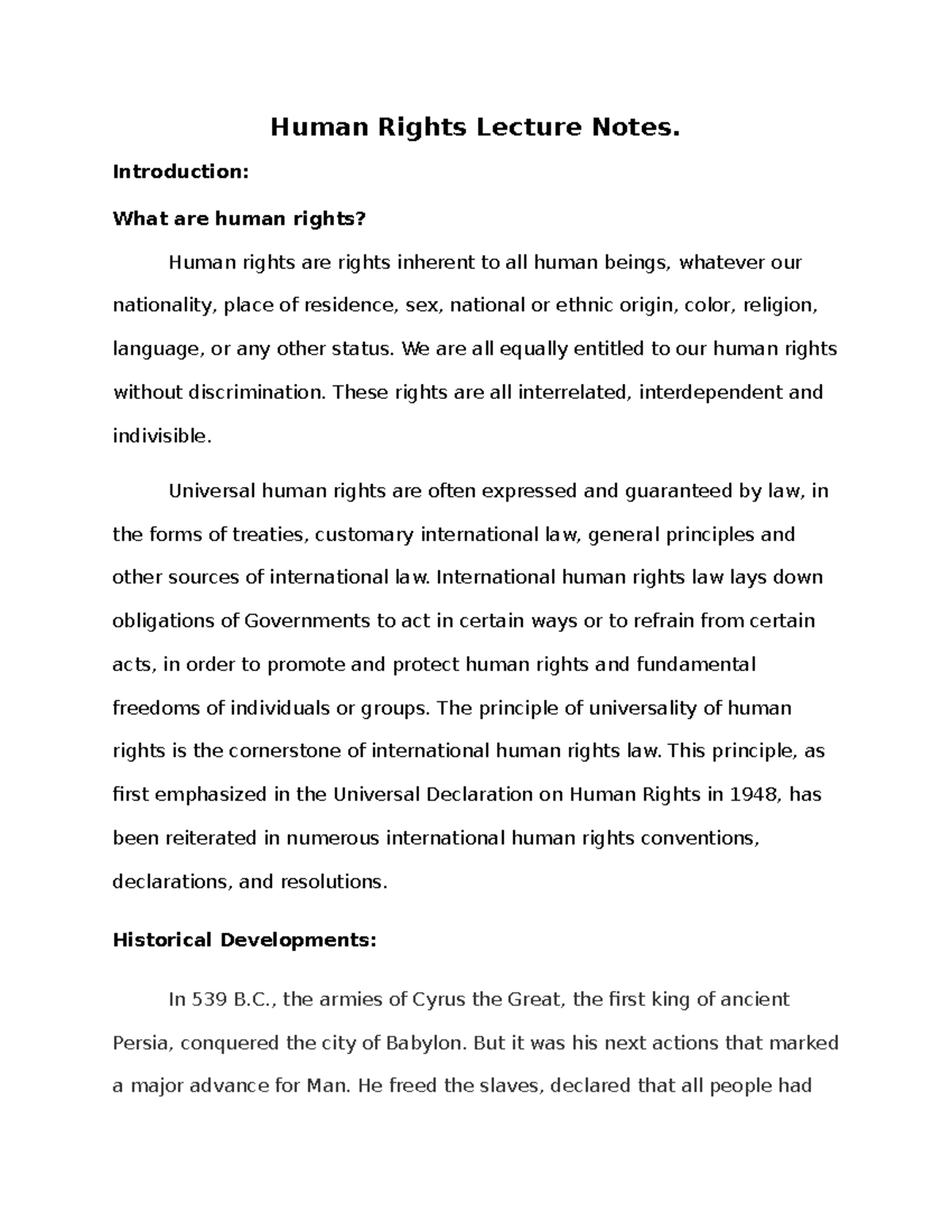 Human Rights Lecture Notes - Introduction: What are human rights? Human ...