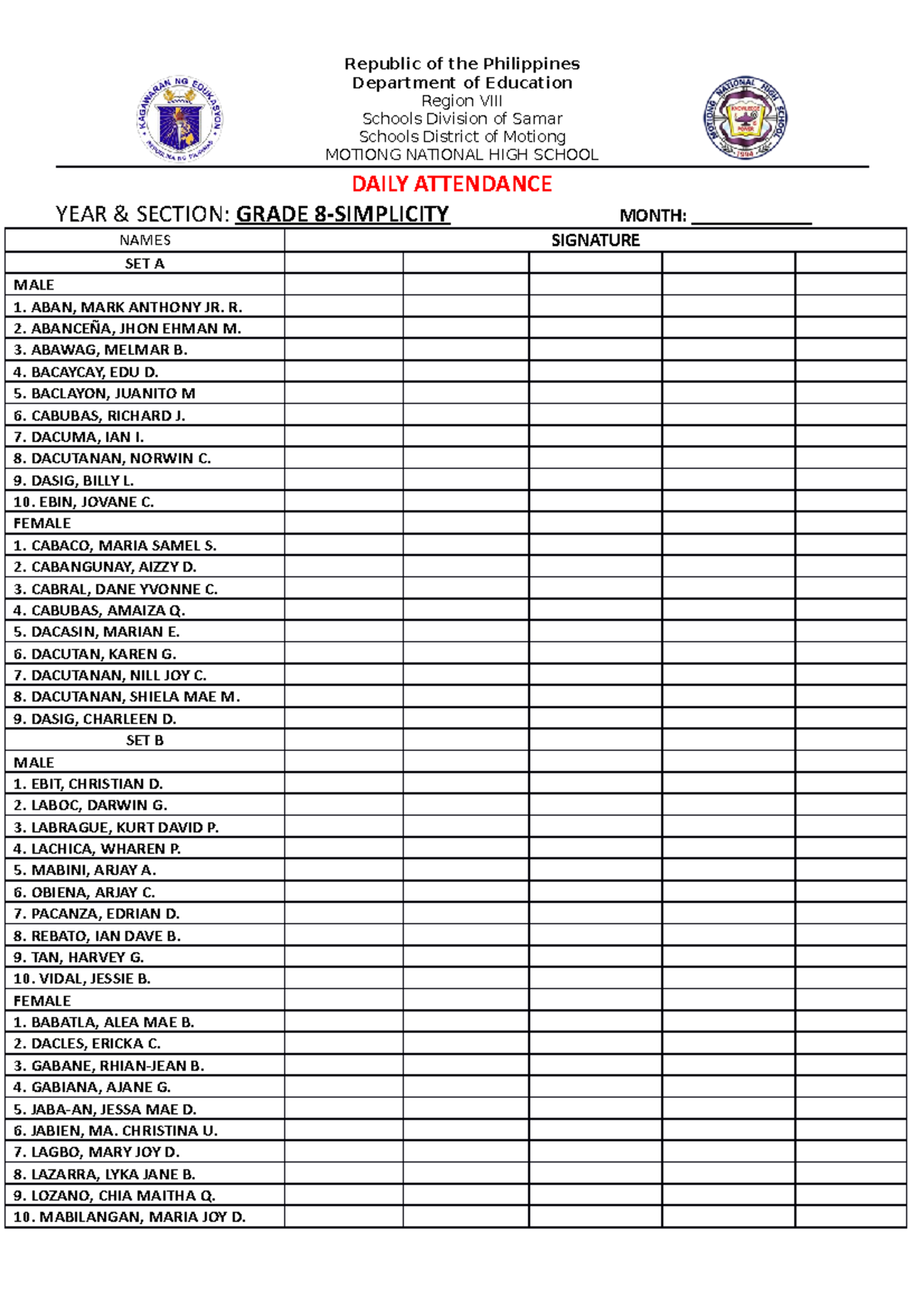 Attendance - Republic of the Philippines Department of Education Region ...
