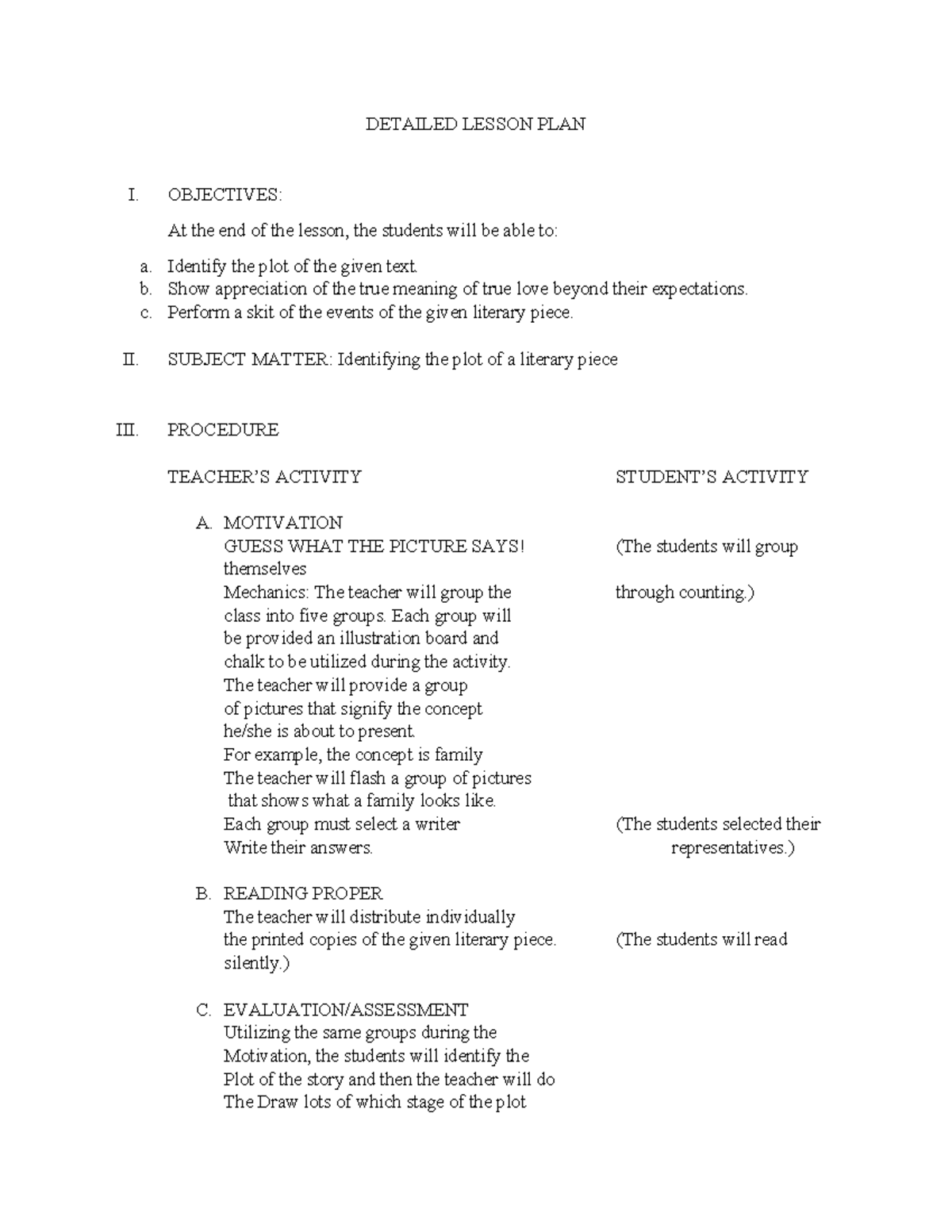 Detailed Lesson PLAN eljean & aizel - DETAILED LESSON PLAN I ...