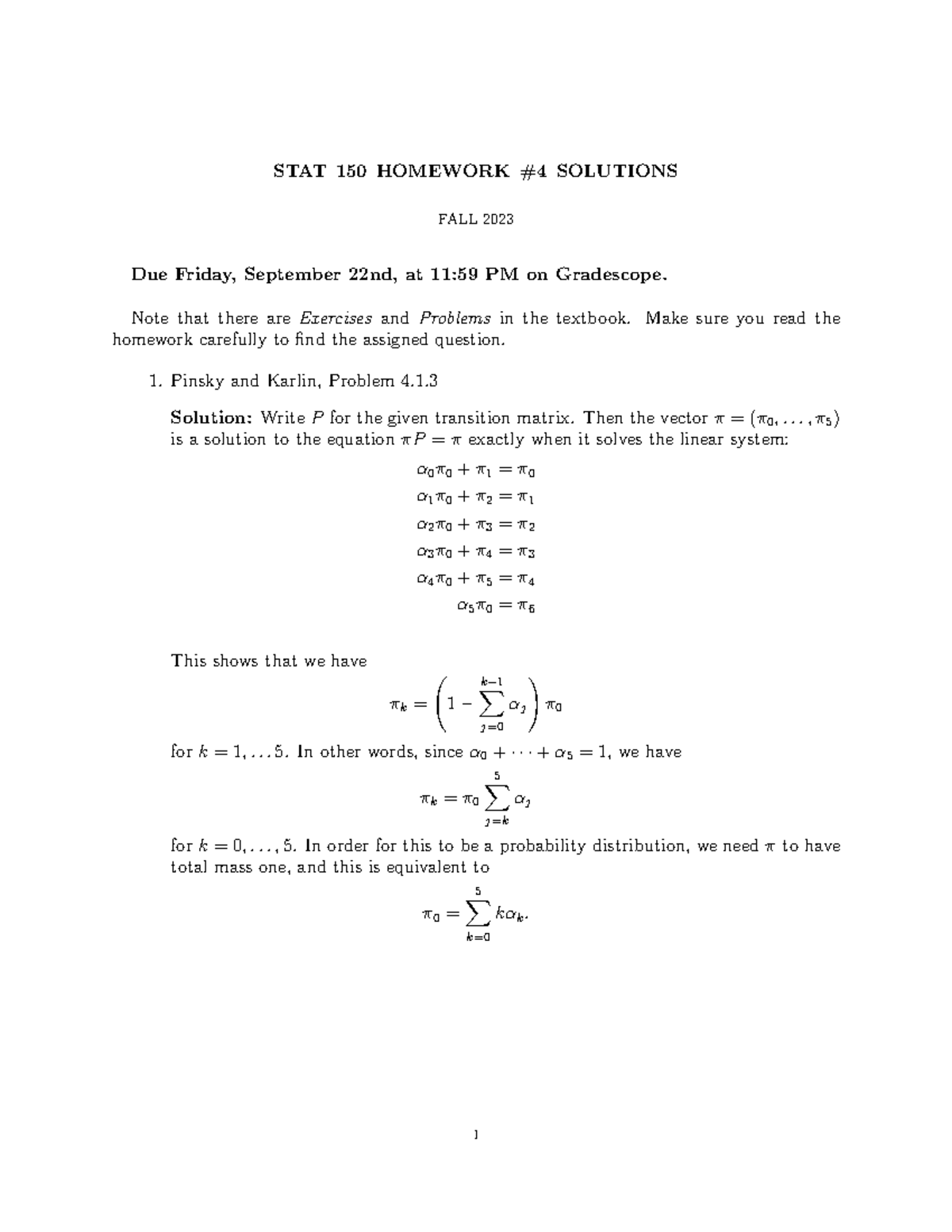 HW4 solutions - STAT 150 HW SOL - STAT 150 HOMEWORK #4 SOLUTIONS FALL 2023 Due Friday, September ...