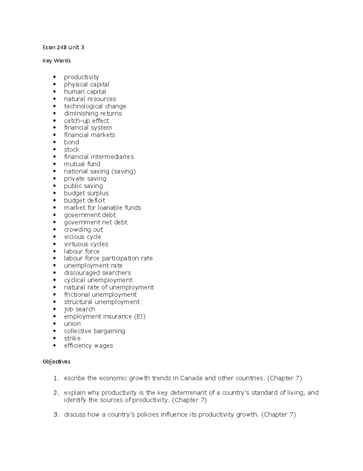 Econ 248 Unit 3 - notes - Econ 248 Unit 3 Key Words productivity ...