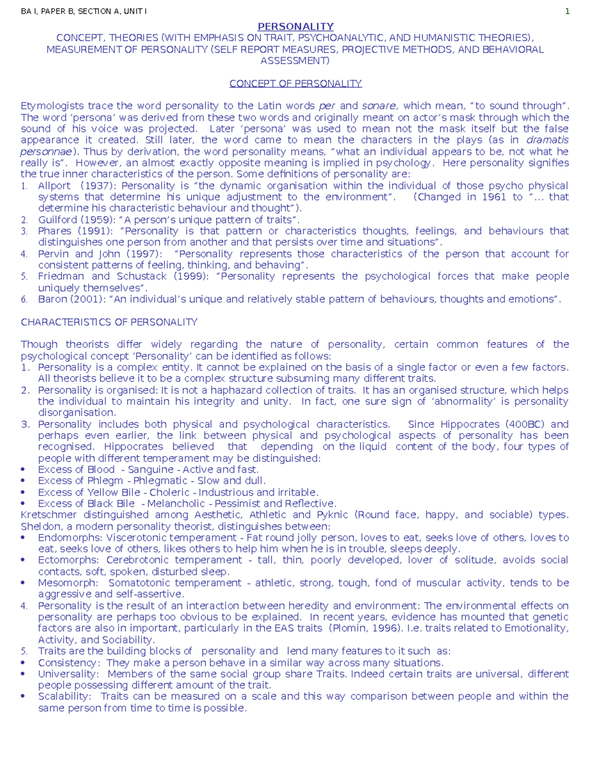 Chapter-6 Personality (Paper B) - PERSONALITY CONCEPT, THEORIES (WITH ...