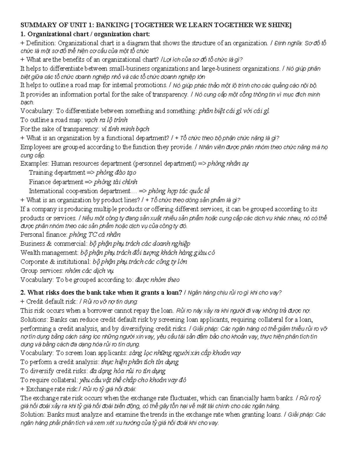 Summary OF UNIT 1 2 3 - abc - SUMMARY OF UNIT 1: BANKING [ TOGETHER WE ...