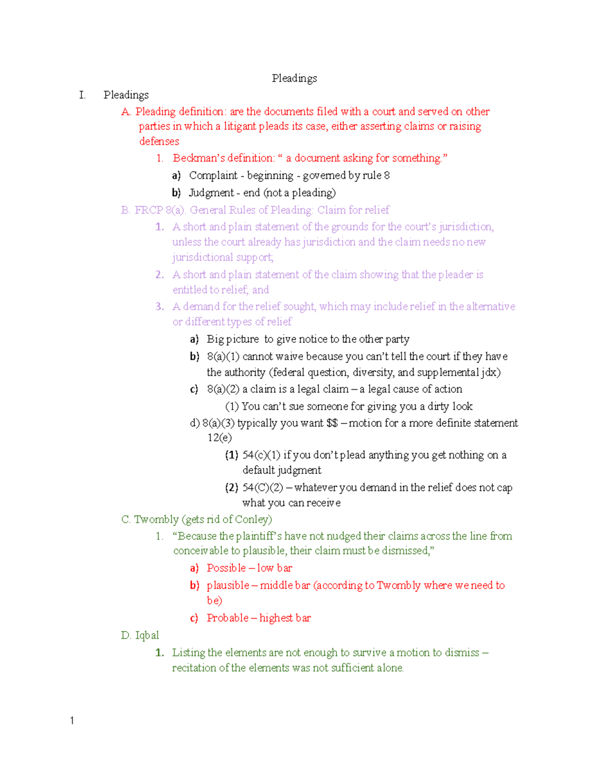 Civil procedure 2 Outline - Pleadings I. Pleadings A. Pleading ...