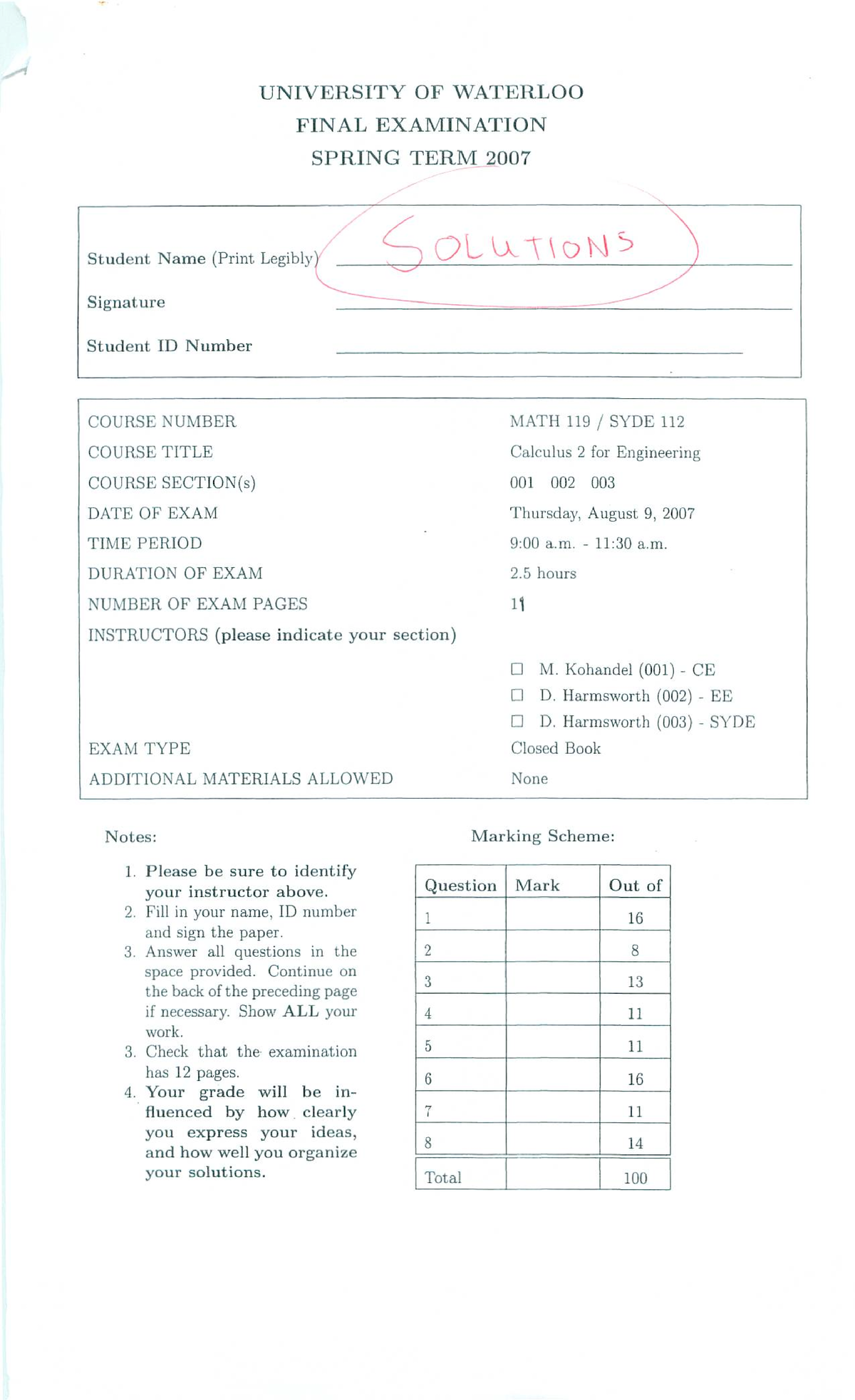 Exam 9 August 2007, questions and answers - UNIVERSITY OF WATERLOO ...
