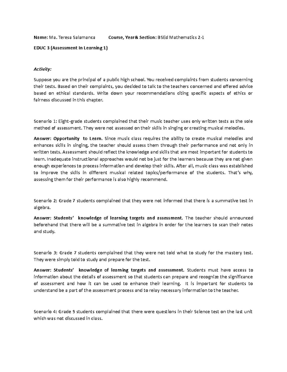 Activity - Answer - Name: Ma. Teresa Salamanca Course, Year& Section: BSEd Mathematics 2- EDUC 3 ...