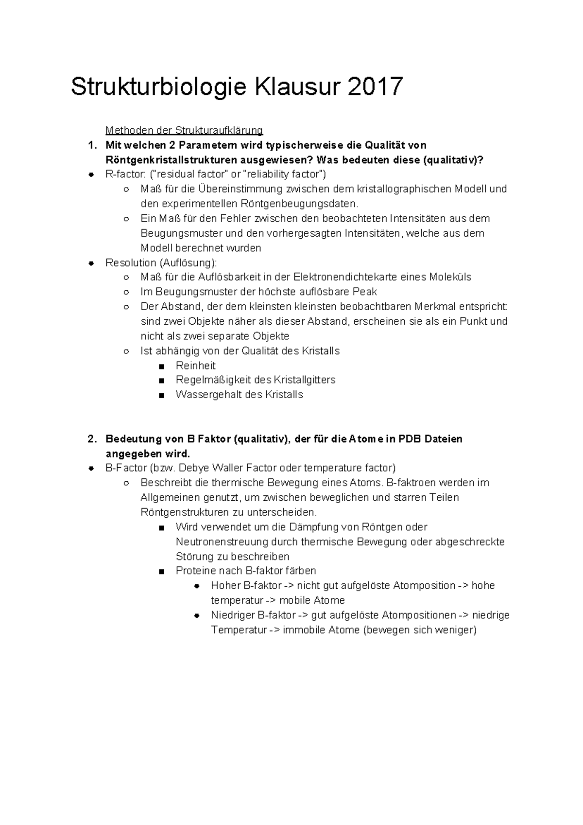 Klausur Sommersemester 2017, Fragen und Antworten - Strukturbiologie Klausur 2017 Methoden der 1 ...