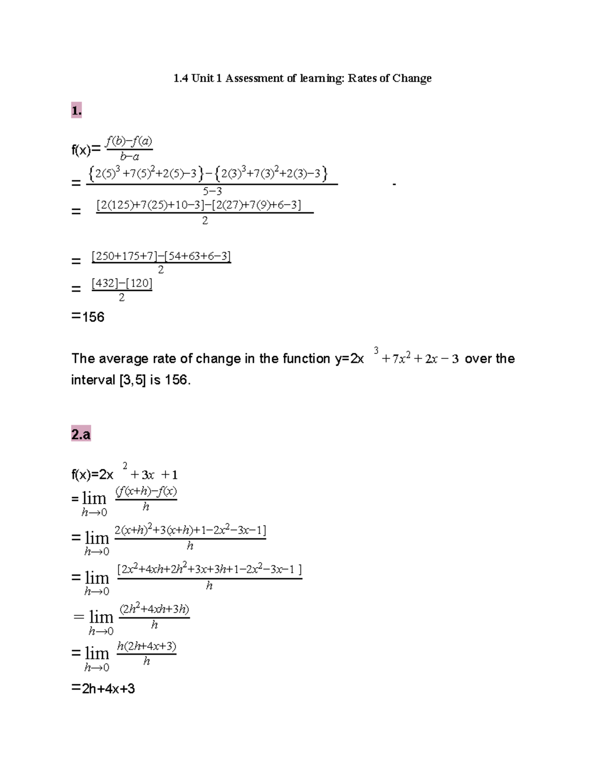 1.4 unit assessment of learning rates of change - 1 Unit 1 Assessment ...