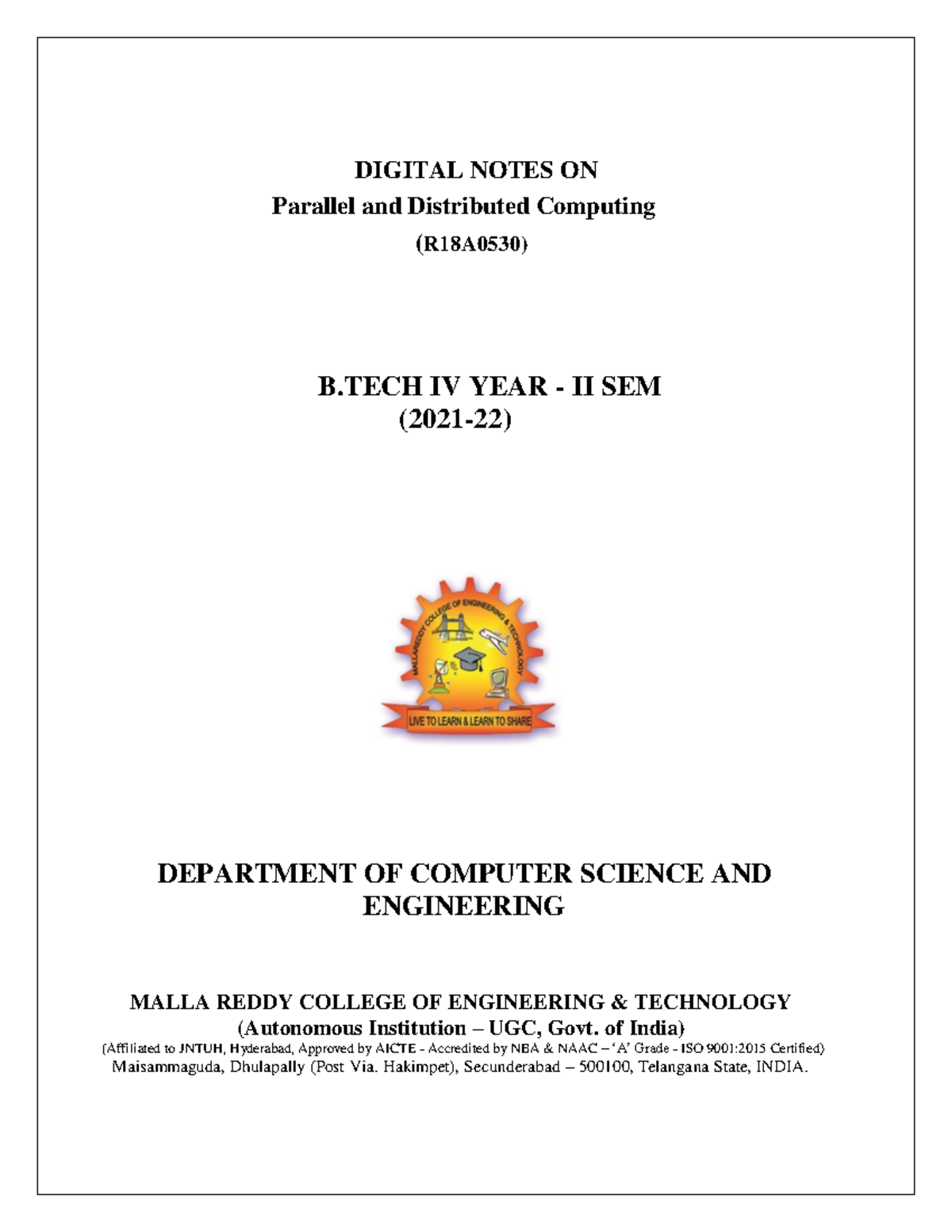 PDC Digital Notes - Hshsjs - DIGITAL NOTES ON Parallel and Distributed ...