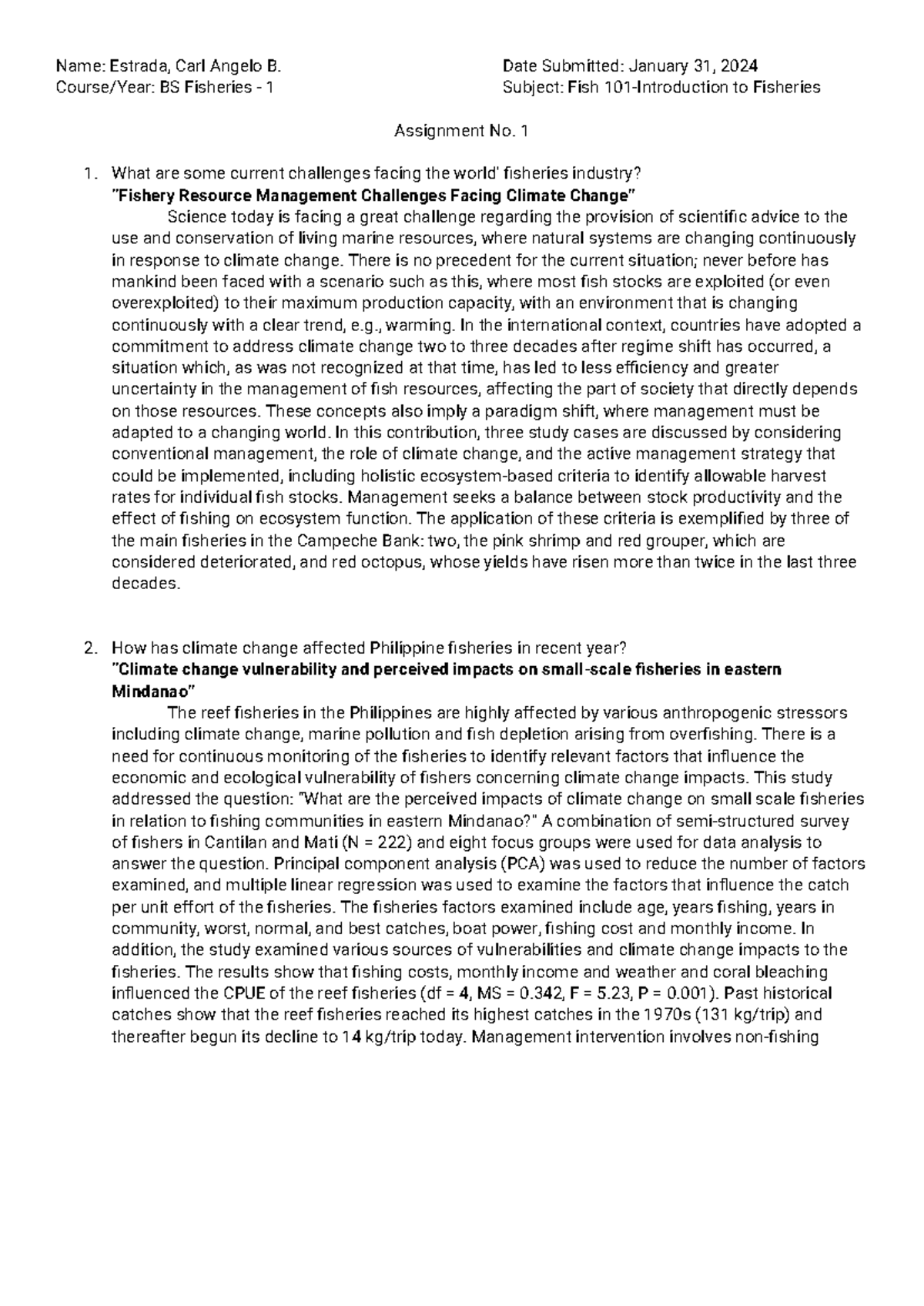 Assignment-No.- 1 - Fish Intro Assignment - Name: Estrada, Carl Angelo B. Date Submitted ...