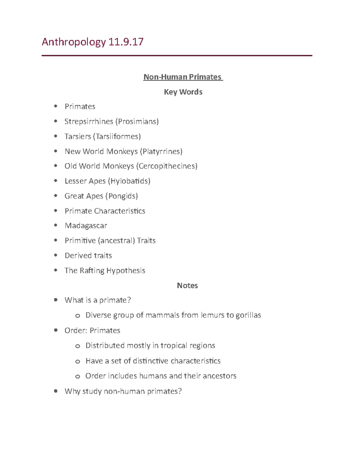 AN 11 - Lecture notes 1 - Anthropology 11.9 Non-Human Primates Key ...