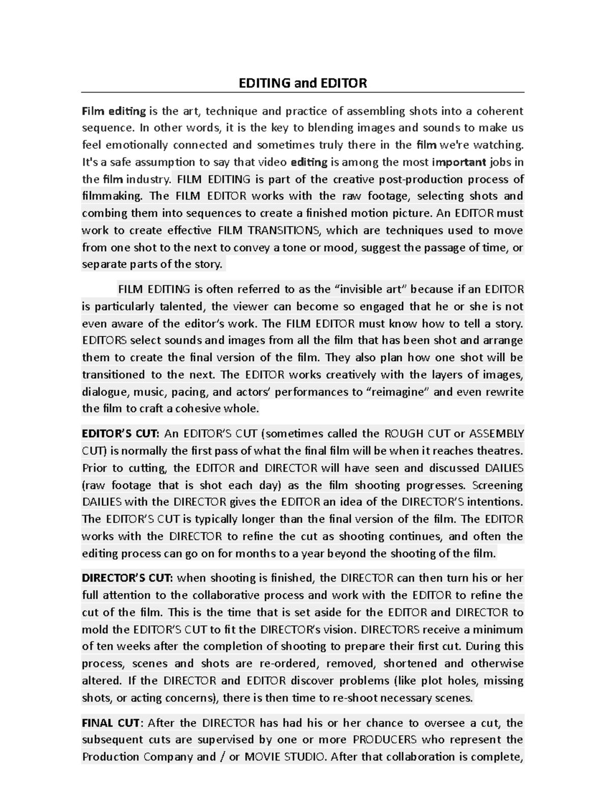 Principles of Editig and Editor Job roles - EDITING and EDITOR Film ...