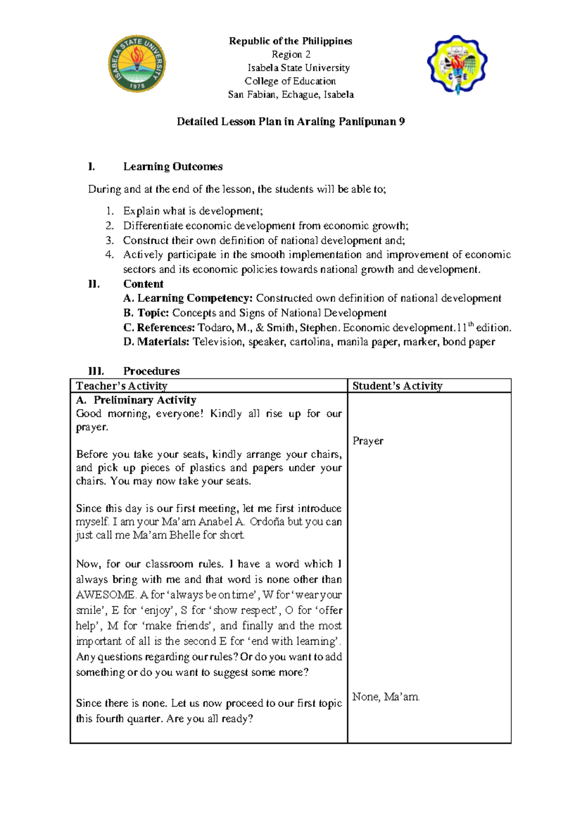 Detailed Lesson PLAN IN Araling Panlipunan 9 Economics - Region 2 ...