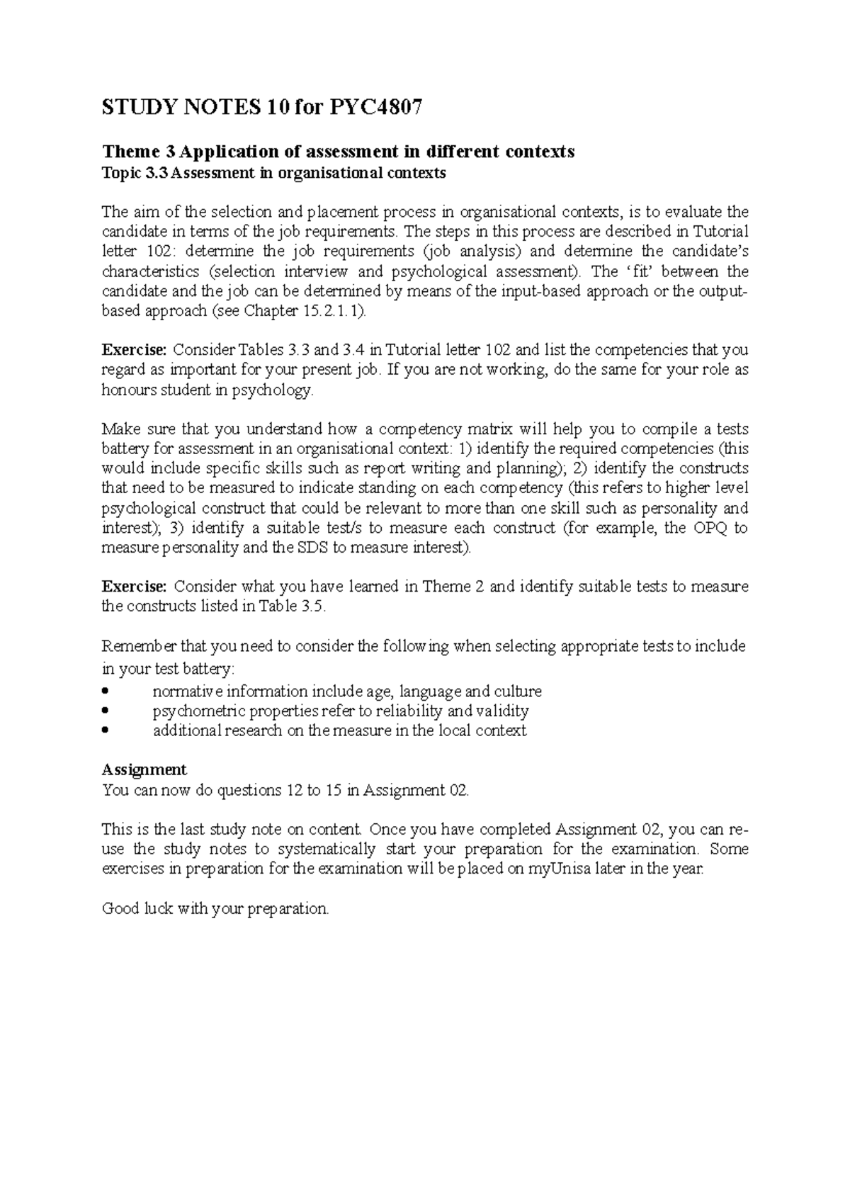 Study Notes 10 for PYC4807 - STUDY NOTES 10 for PYC Theme 3 Application ...