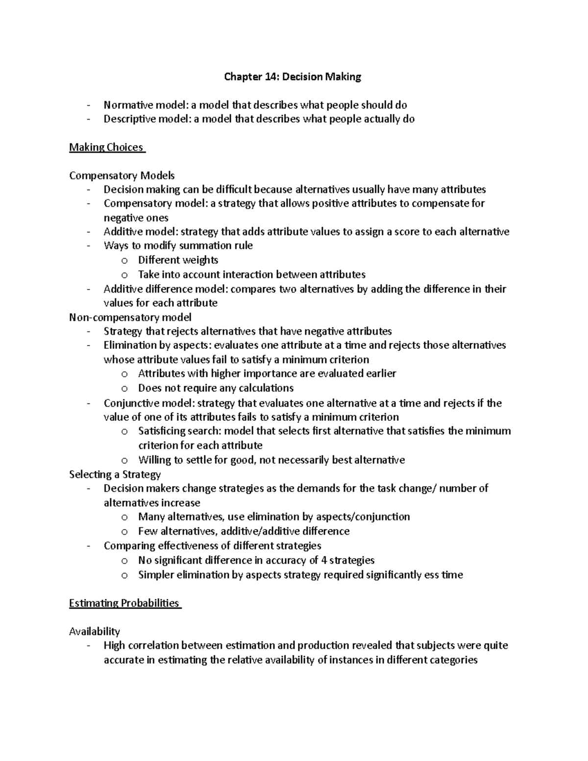 Chapter 14 Notes - Chapter 14: Decision Making - Normative model: a ...