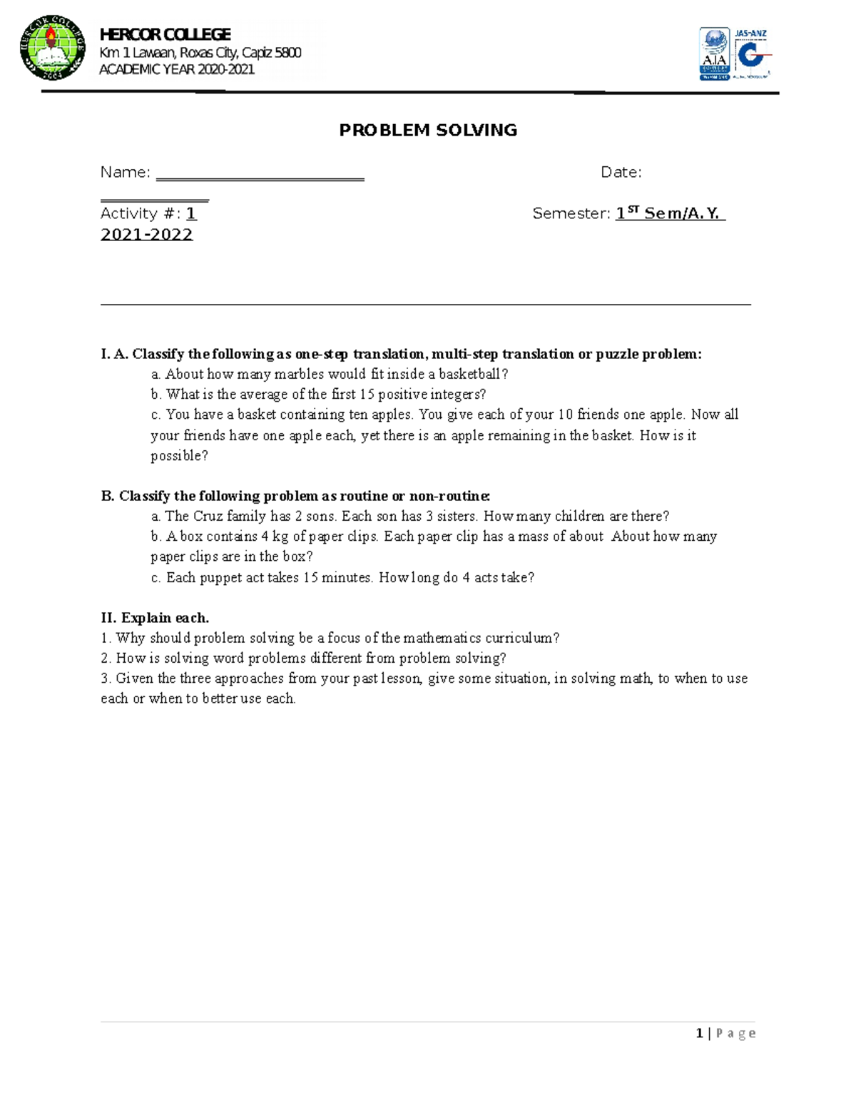 1ST- Activity - Six - PROBLEM SOLVING Name ...