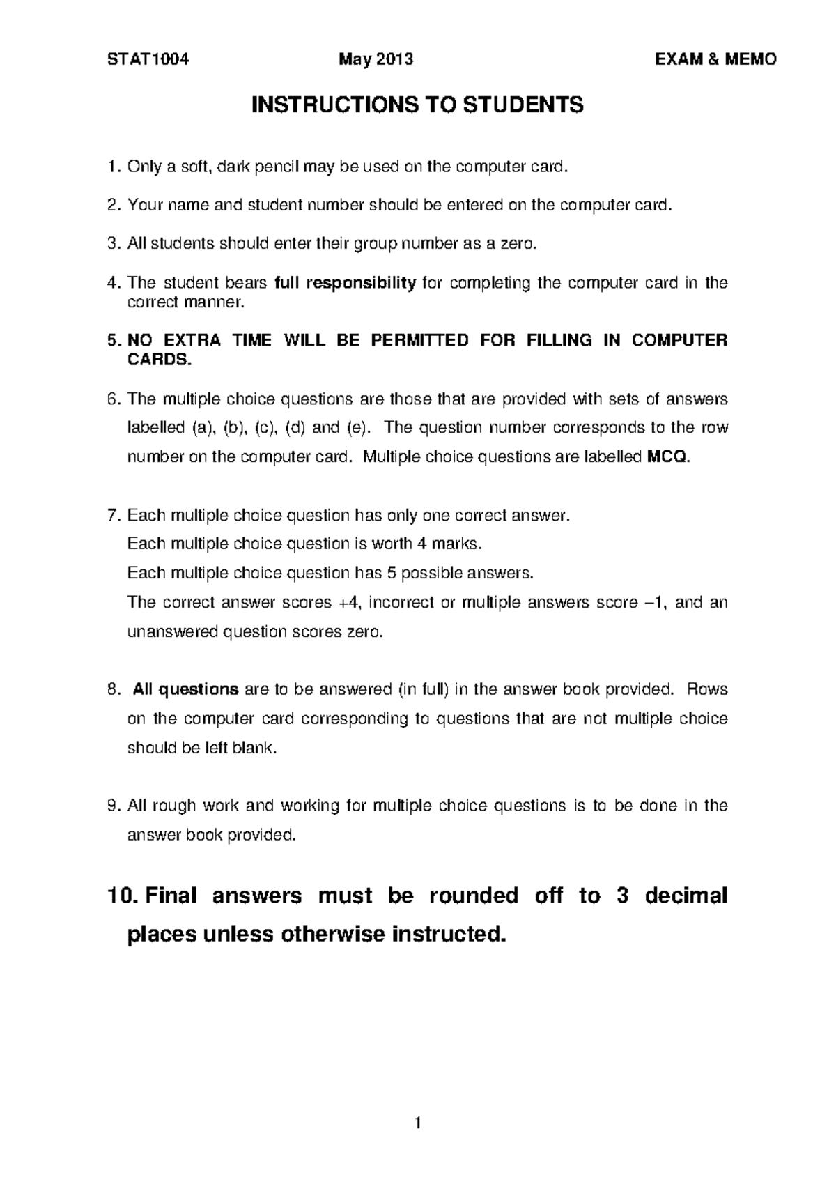 2013 Exam with Memo - Exam memos for practice - INSTRUCTIONS TO ...
