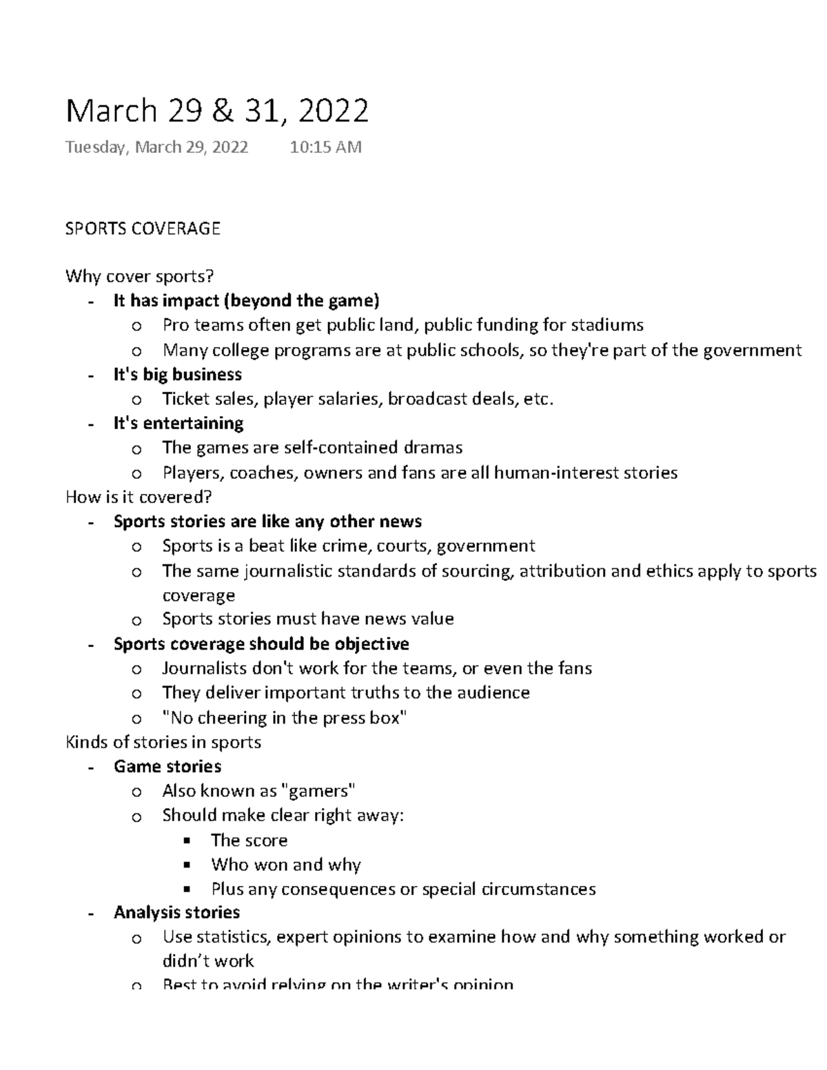 COM315 - Sports Coverage - March 29 31, 2022 Tuesday, March 29, 2022 10 ...