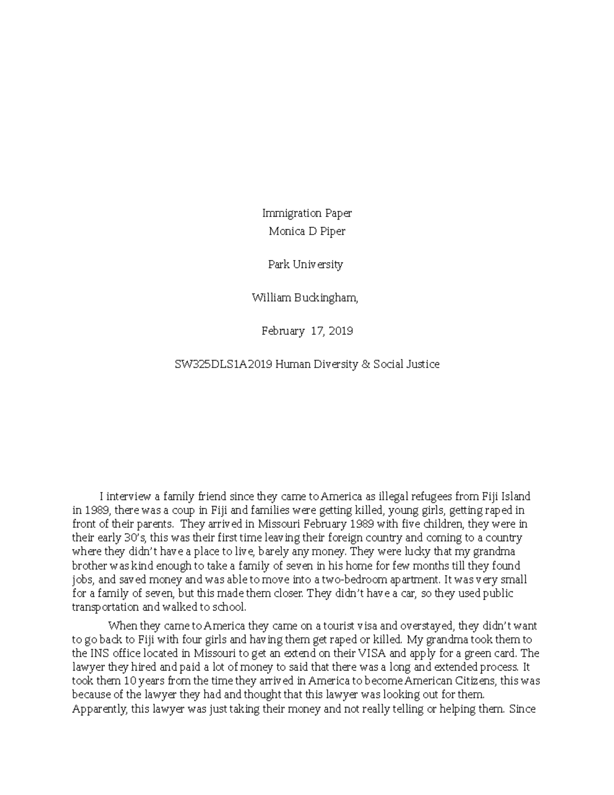 Unit 5 Immigration Paper - Immigration Paper Monica D Piper Park ...