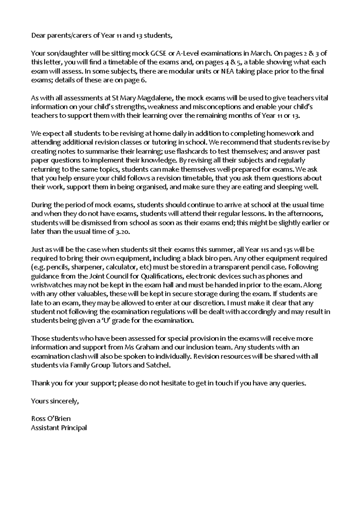 Year 11 13 Mock Examinations Letter March 2023 97 - Dear parents/carers ...
