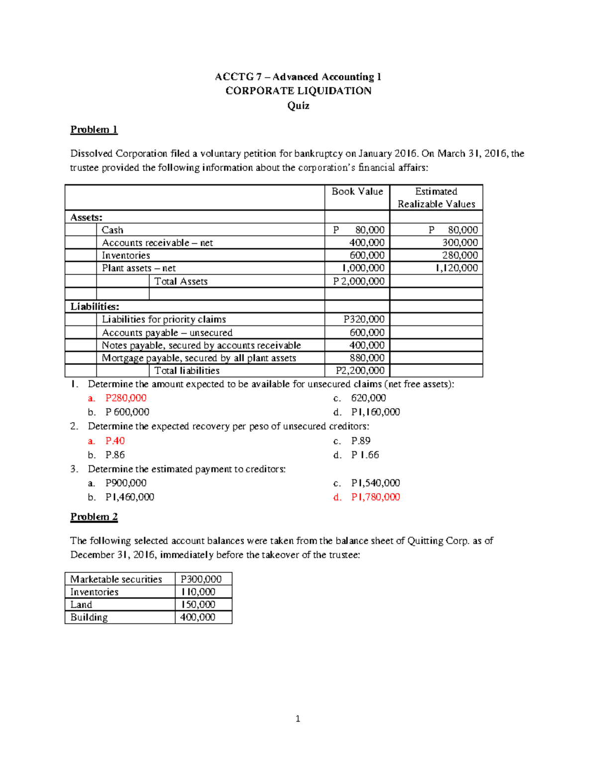 Pdfcoffee - Here are the answers for this course. - ACCTG 7 – Advanced ...