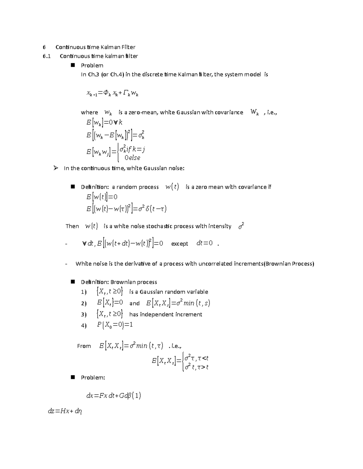 Chapter 6 Continuous - best - 6 Continuous time Kalman Filter 6 ...