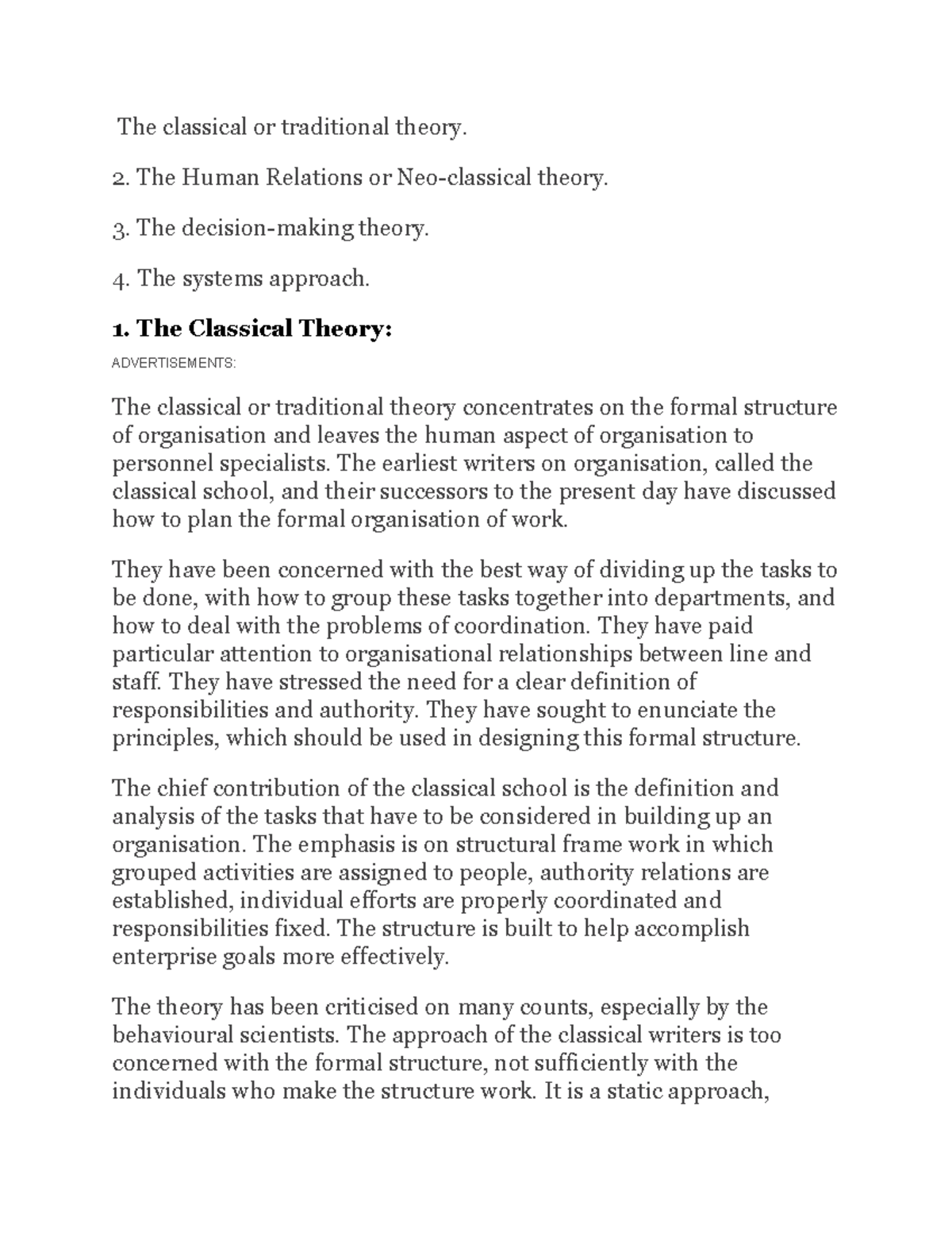 The classical or traditional theory - The Human Relations or Neo ...