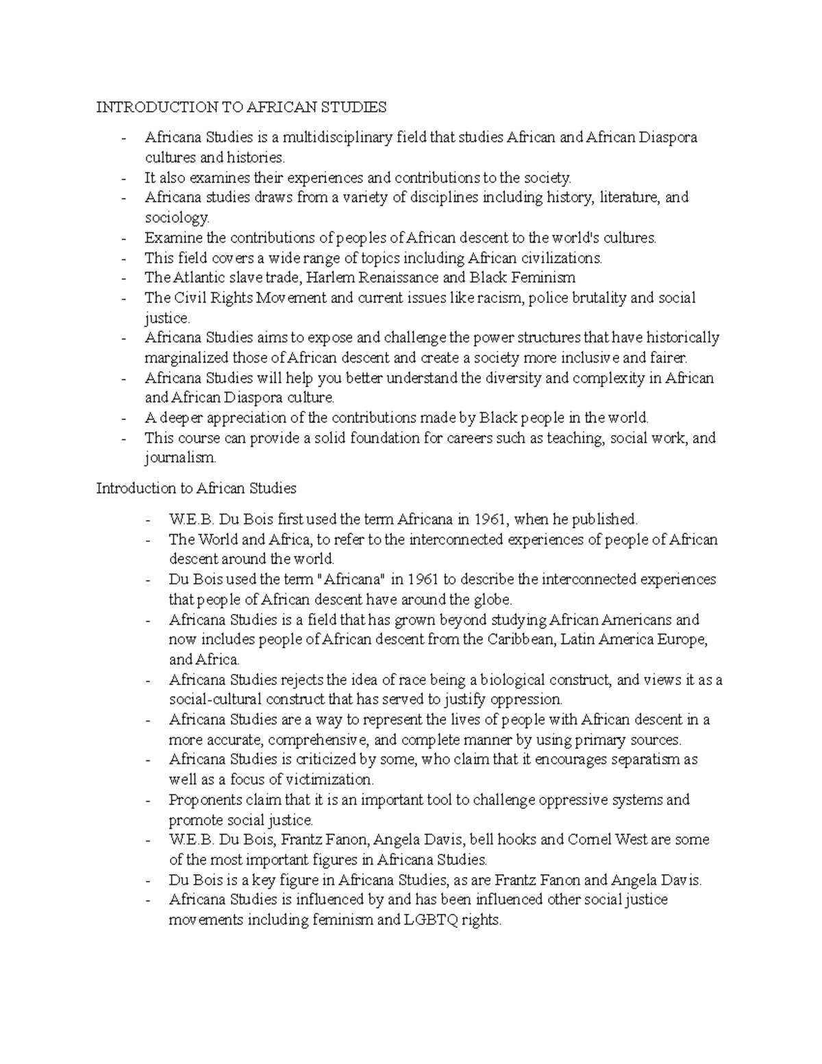 HIS 322 AFRO History Notes 1 - INTRODUCTION TO AFRICAN STUDIES Africana ...