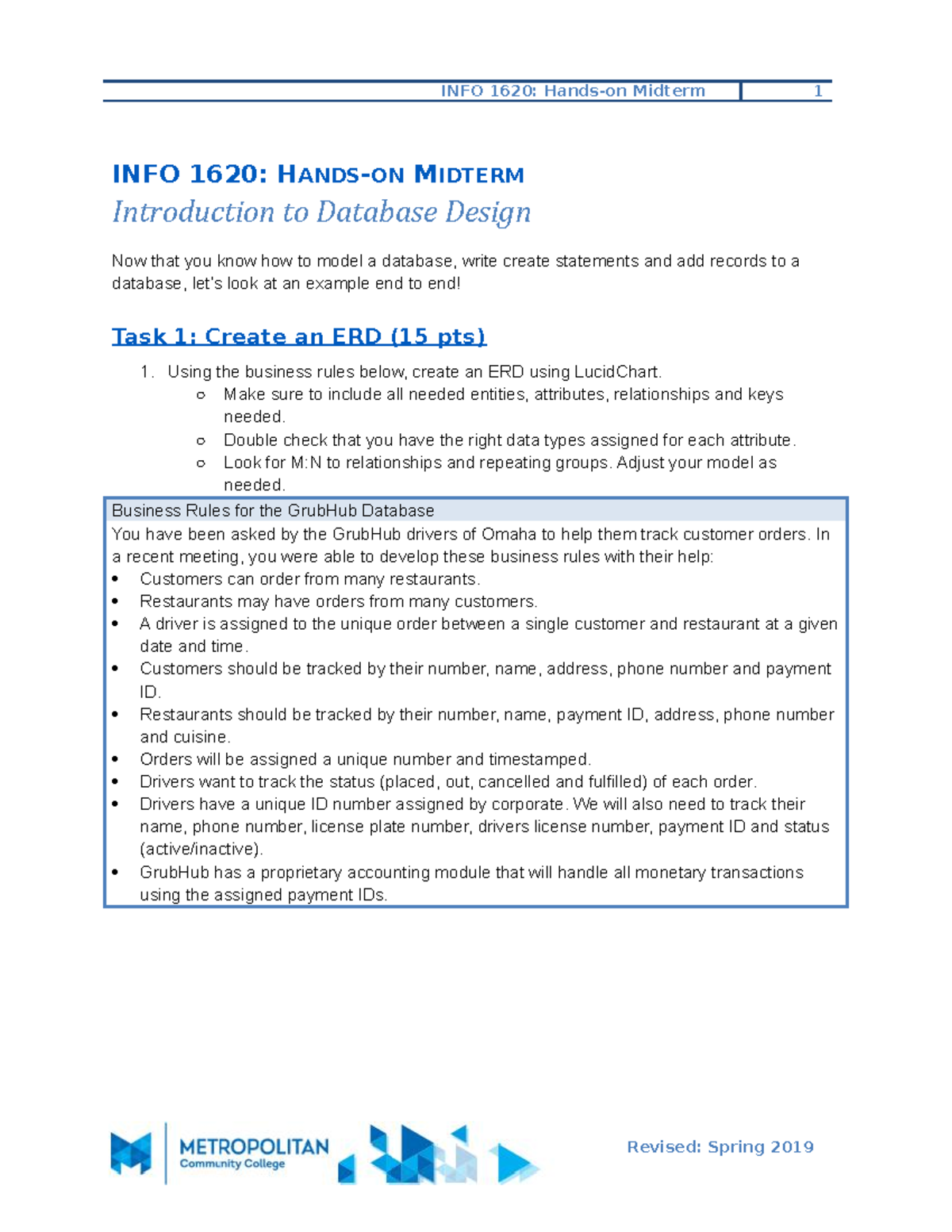 HANDS-ON MIDTERM - Intro to Database Design - INFO 1620: Hands-on Midterm 1 INFO 1620: HANDS-ON ...
