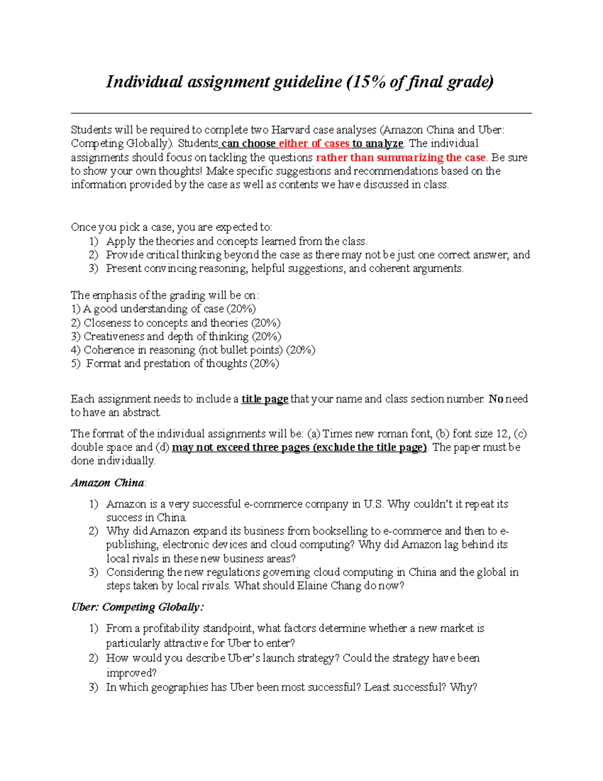 Individual assignment guideline - Students can choose either of cases ...