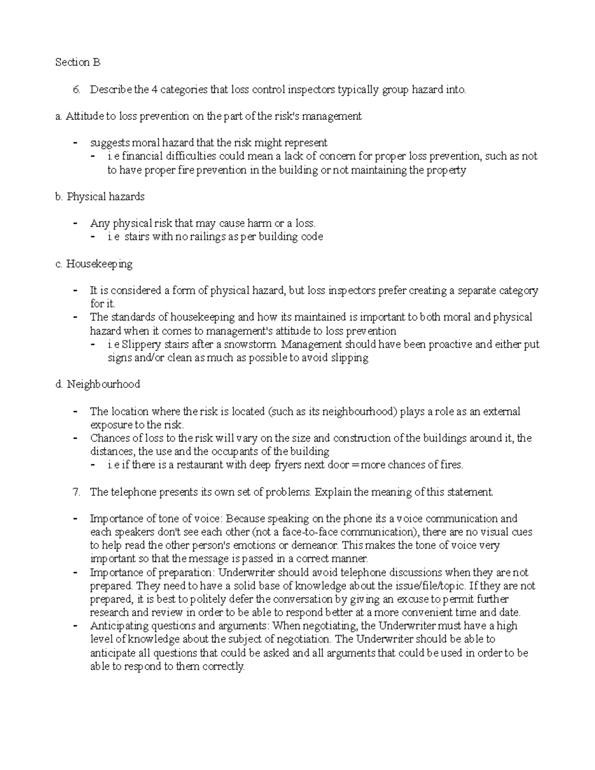 Section B - Chap 1 - Practice questions - Section B 6. Describe the 4 categories that loss ...