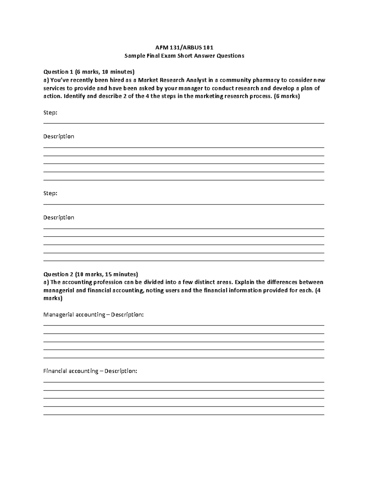 AFM 131 Arbus 101 - Sample Final Exam Short Answer Questions ...