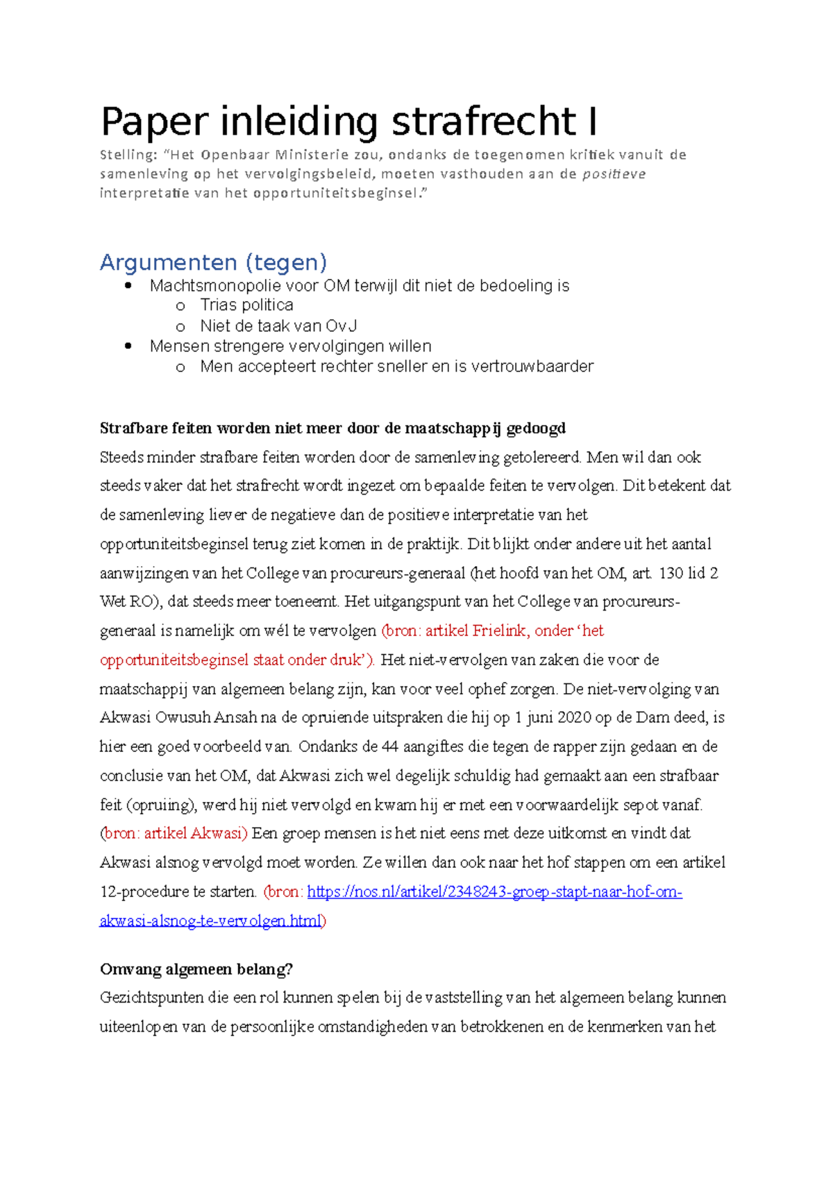 Paper inleiding strafrecht I argumenten - Paper inleiding strafrecht I ...