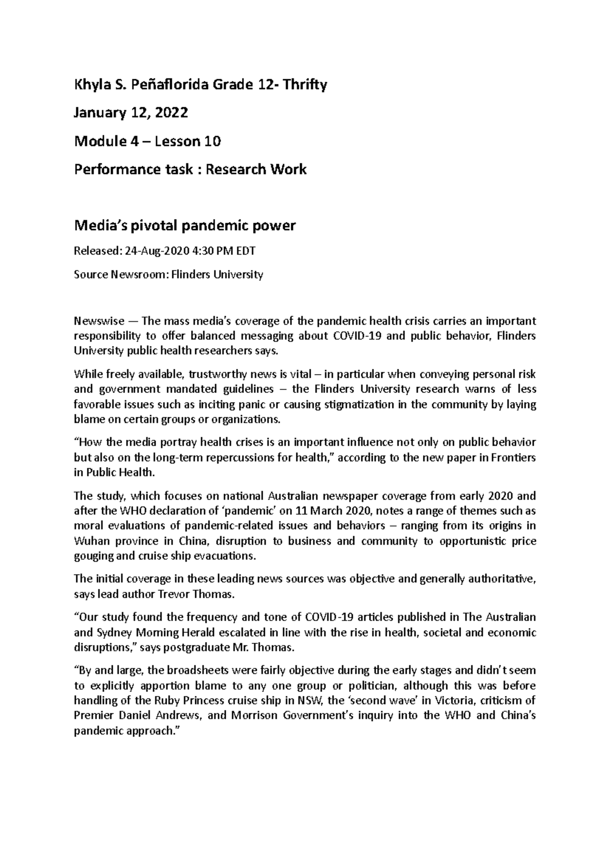 MIL PT Module 4 Research WORK - Khyla S. Peñaflorida Grade 12- Thrifty ...