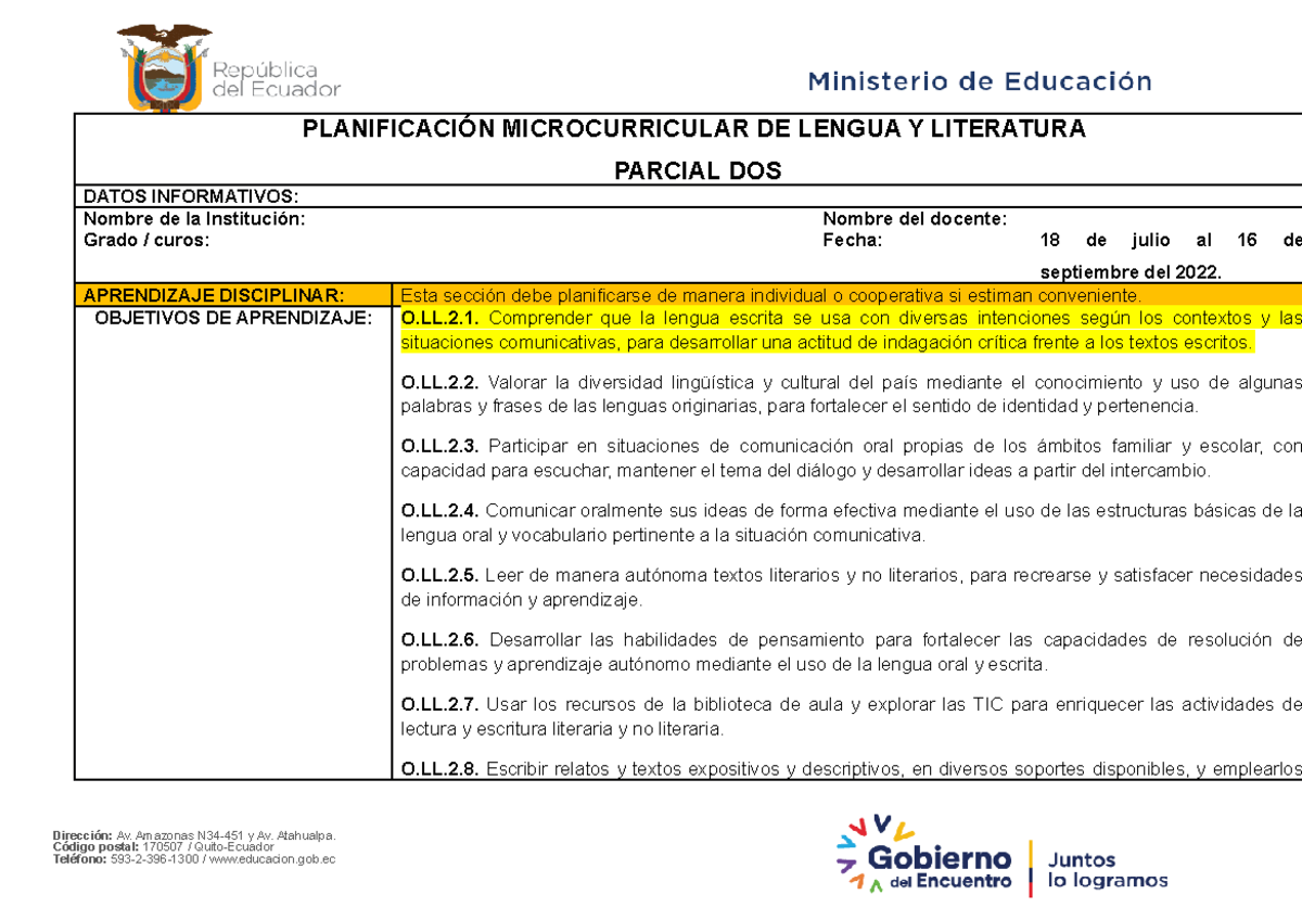4TO - Micro - LL - ninguna - PLANIFICACIÓN MICROCURRICULAR DE LENGUA Y LITERATURA PARCIAL DOS ...