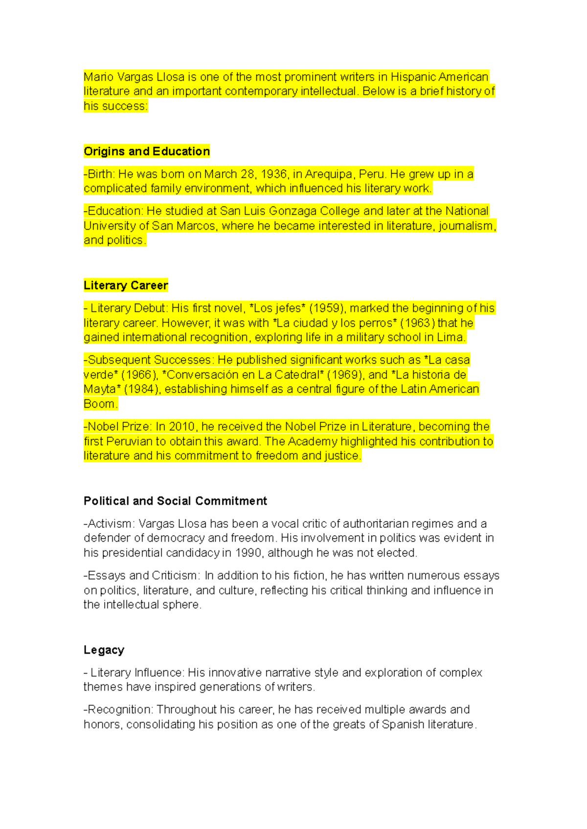 WEEK 9 - WEEK9 - Mario Vargas Llosa is one of the most prominent ...