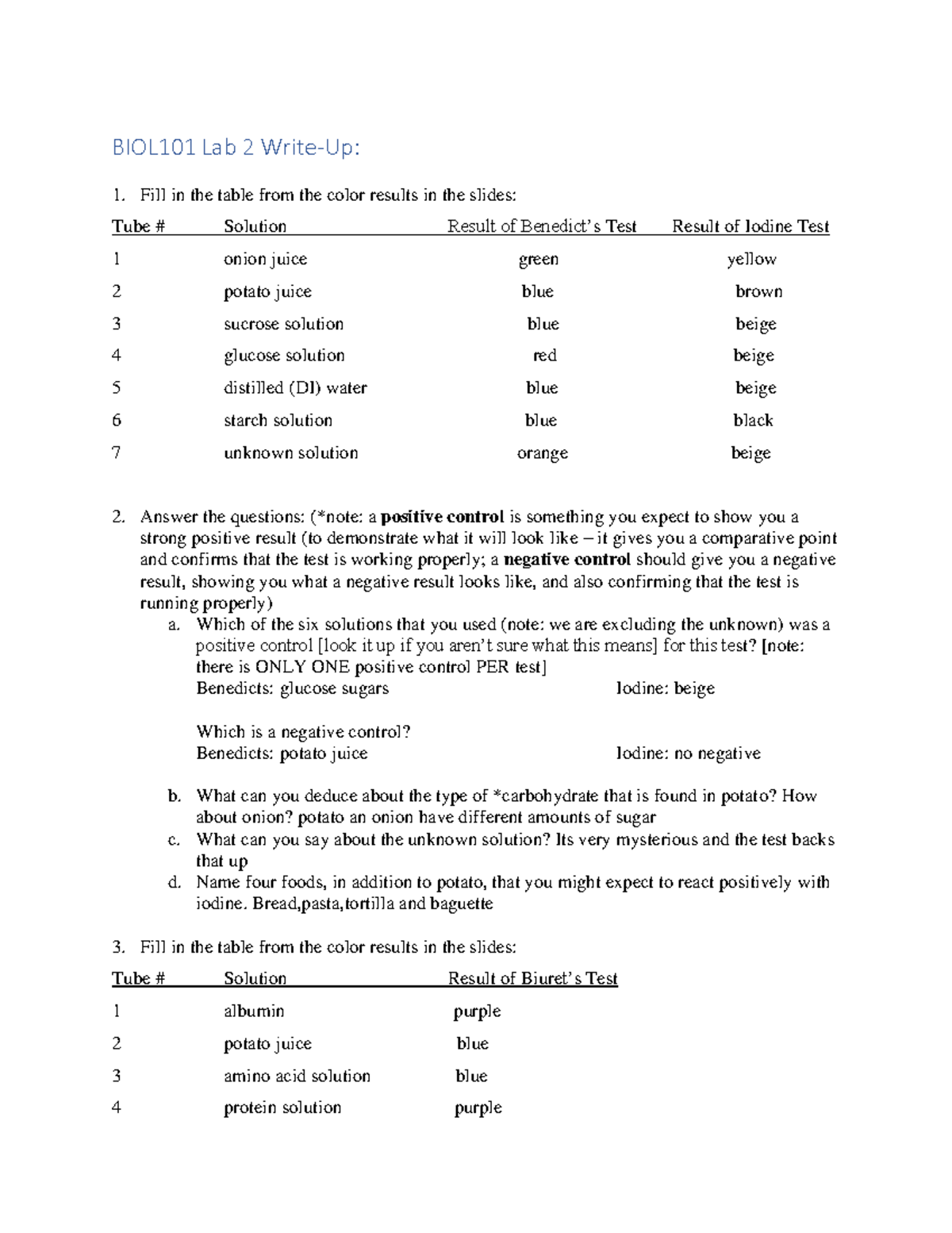 Write up - BIOL101 Lab 2 Write-Up: Fill in the table from the color ...