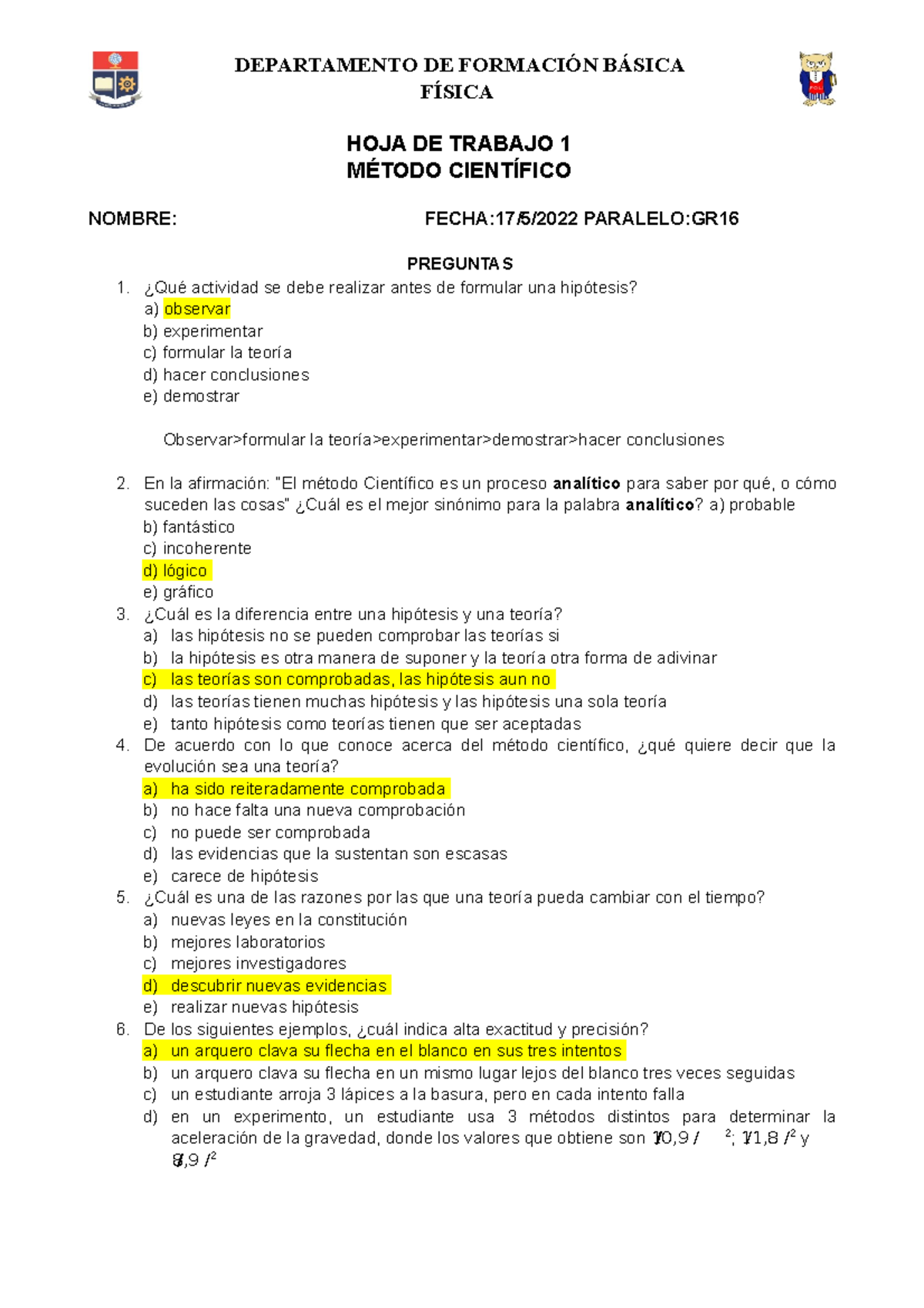 Hoja de trabajo 01 - Método científico - FÍSICA HOJA DE TRABAJO 1 ...