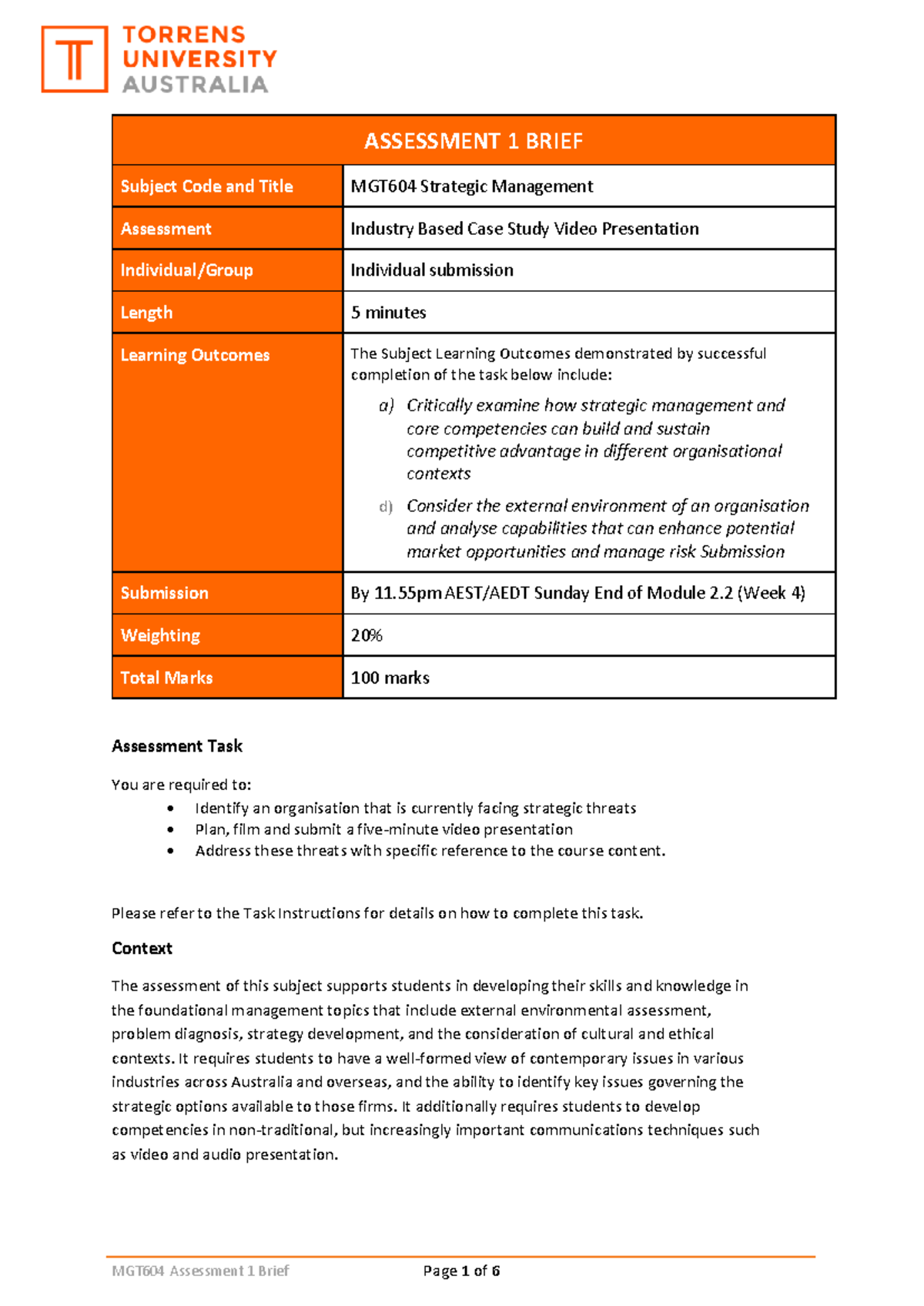 MGT604 Assessment 1 Brief - Assessment Task You are required to ...