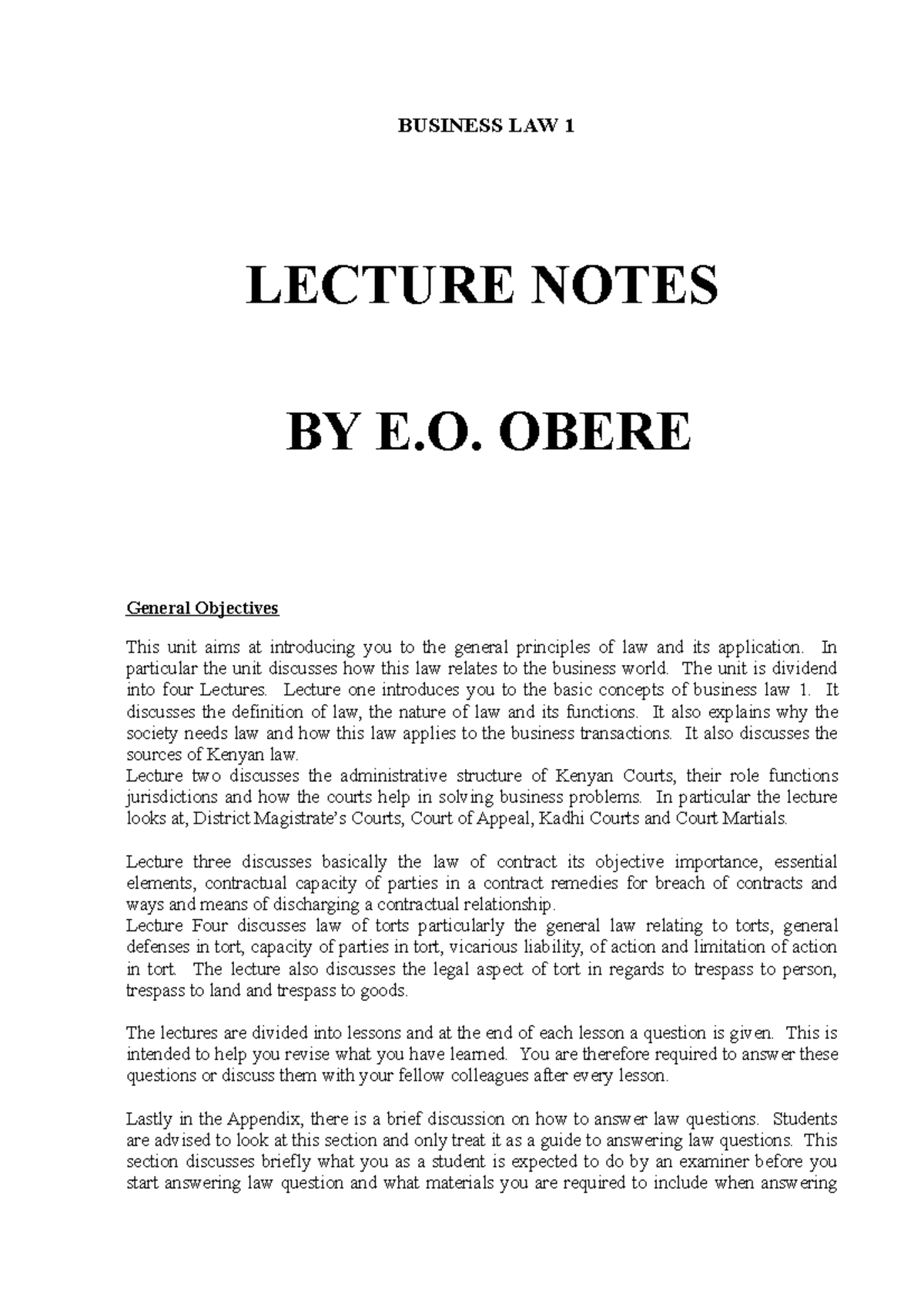 Business LAW I ( Module)1 - BUSINESS LAW 1 LECTURE NOTES BY E. OBERE ...