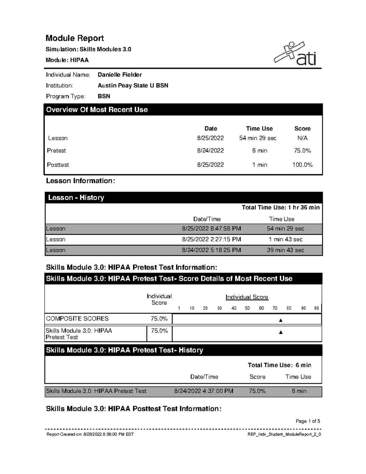 ATI Skills 3.0 Hipaa - notes - Module Report Simulation: Skills Modules ...